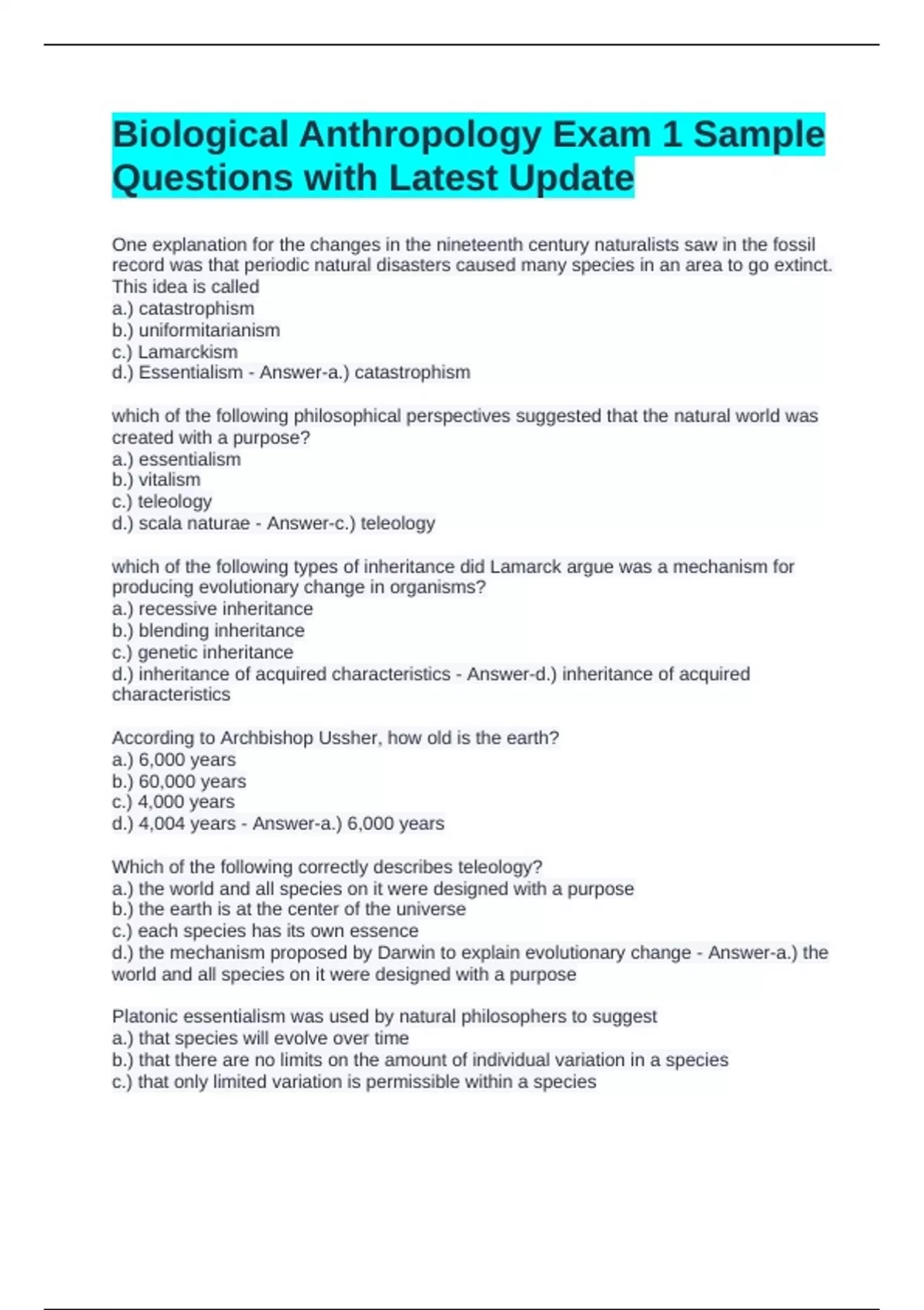 Biological Anthropology Exam 1 Sample Questions with Latest Update ...
