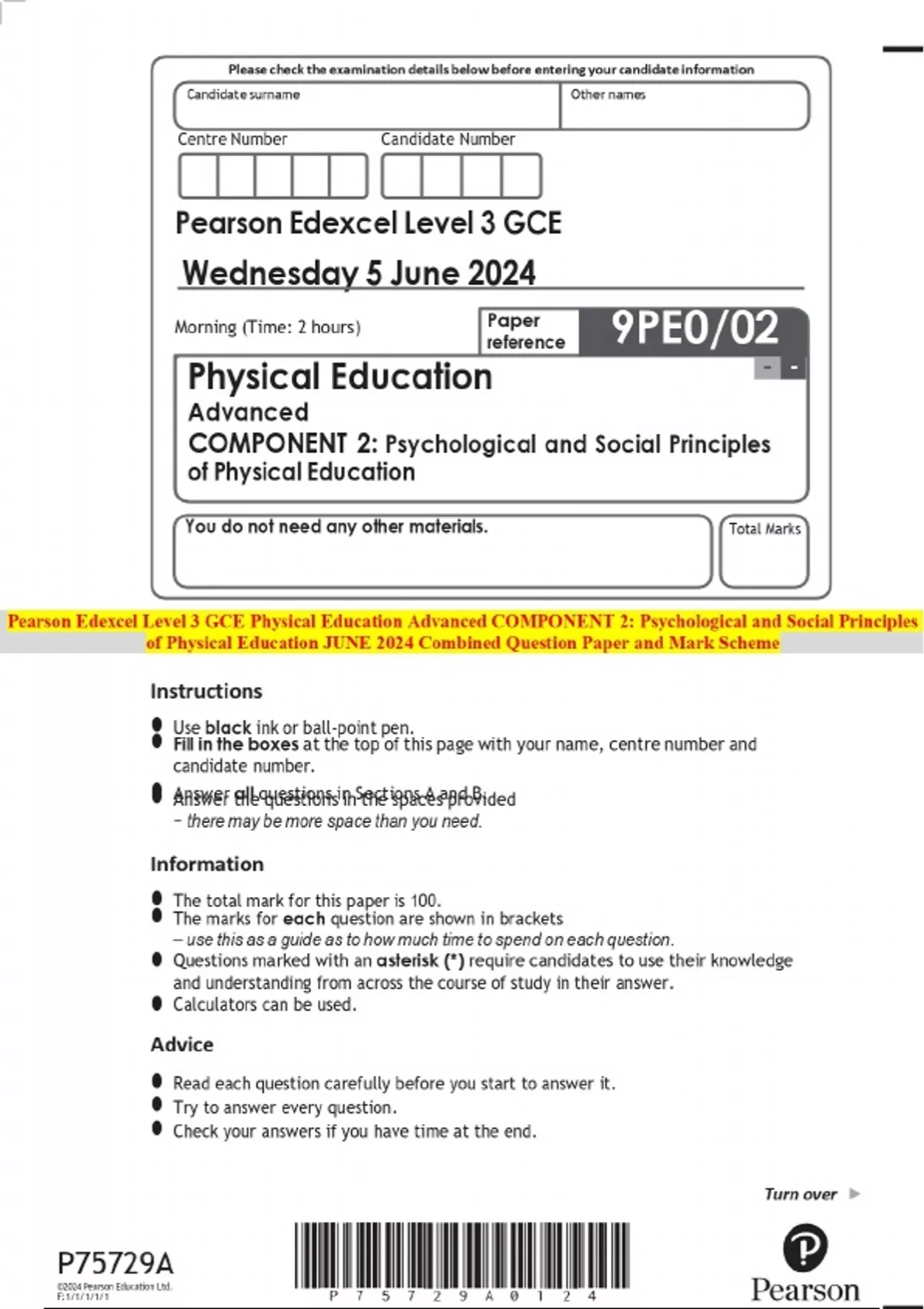 BUNDLED 2024 Pearson Edexcel Level 3 GCE Physical Education Advanced ...