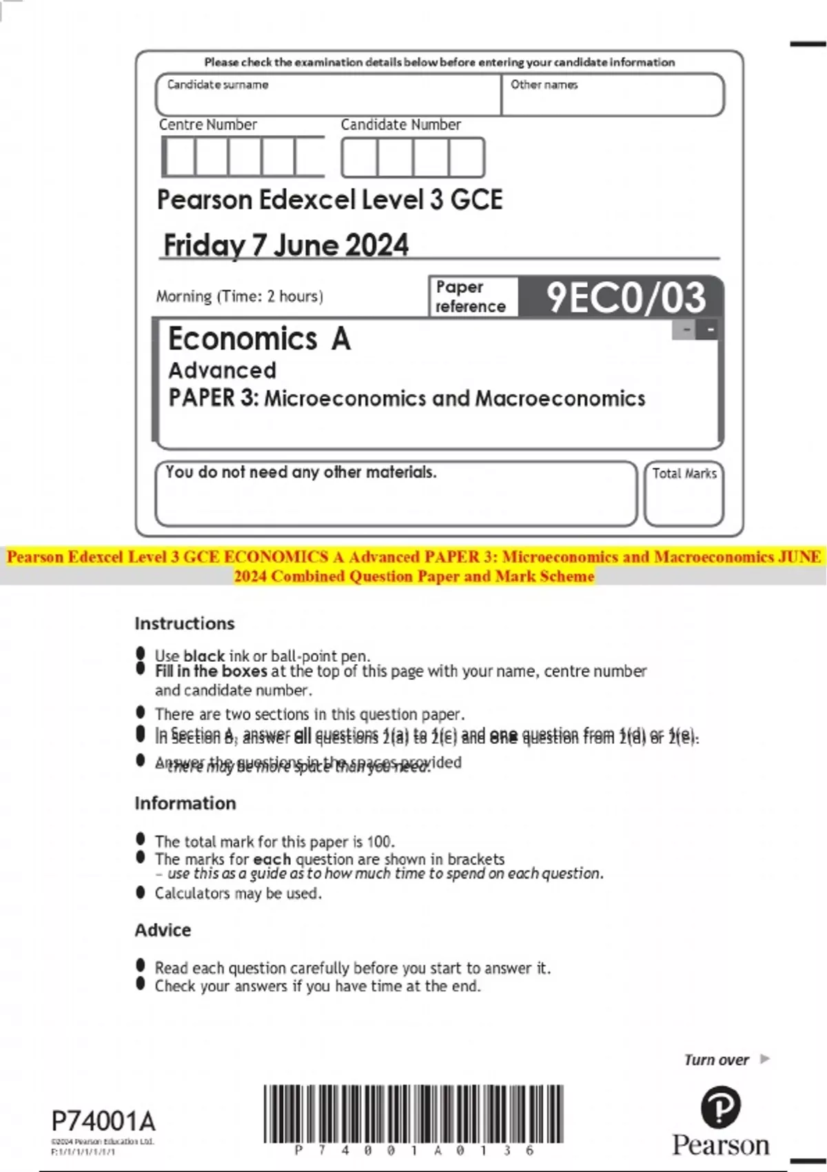 Pearson Edexcel Level 3 GCE ECONOMICS A Advanced PAPER 3 ...
