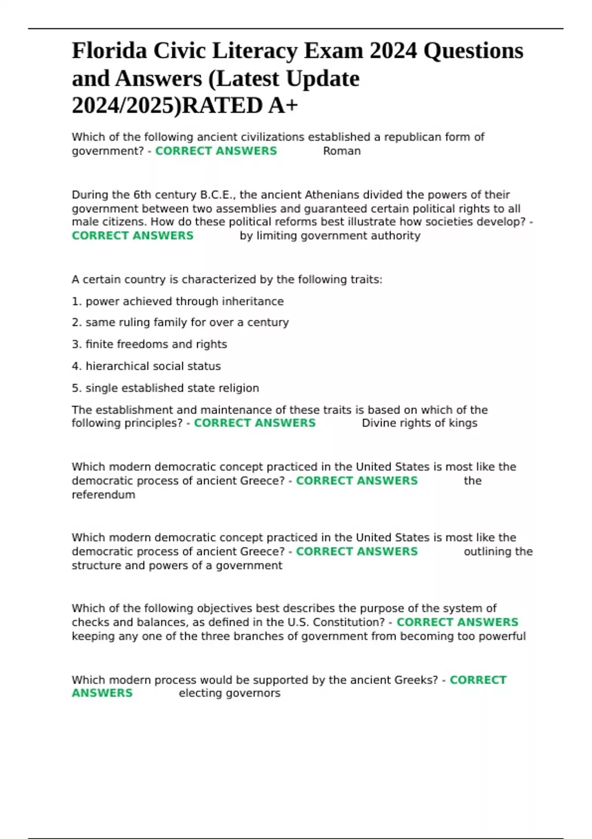 Florida Civic Literacy Exam 2024 Questions and Answers (Latest Update ...