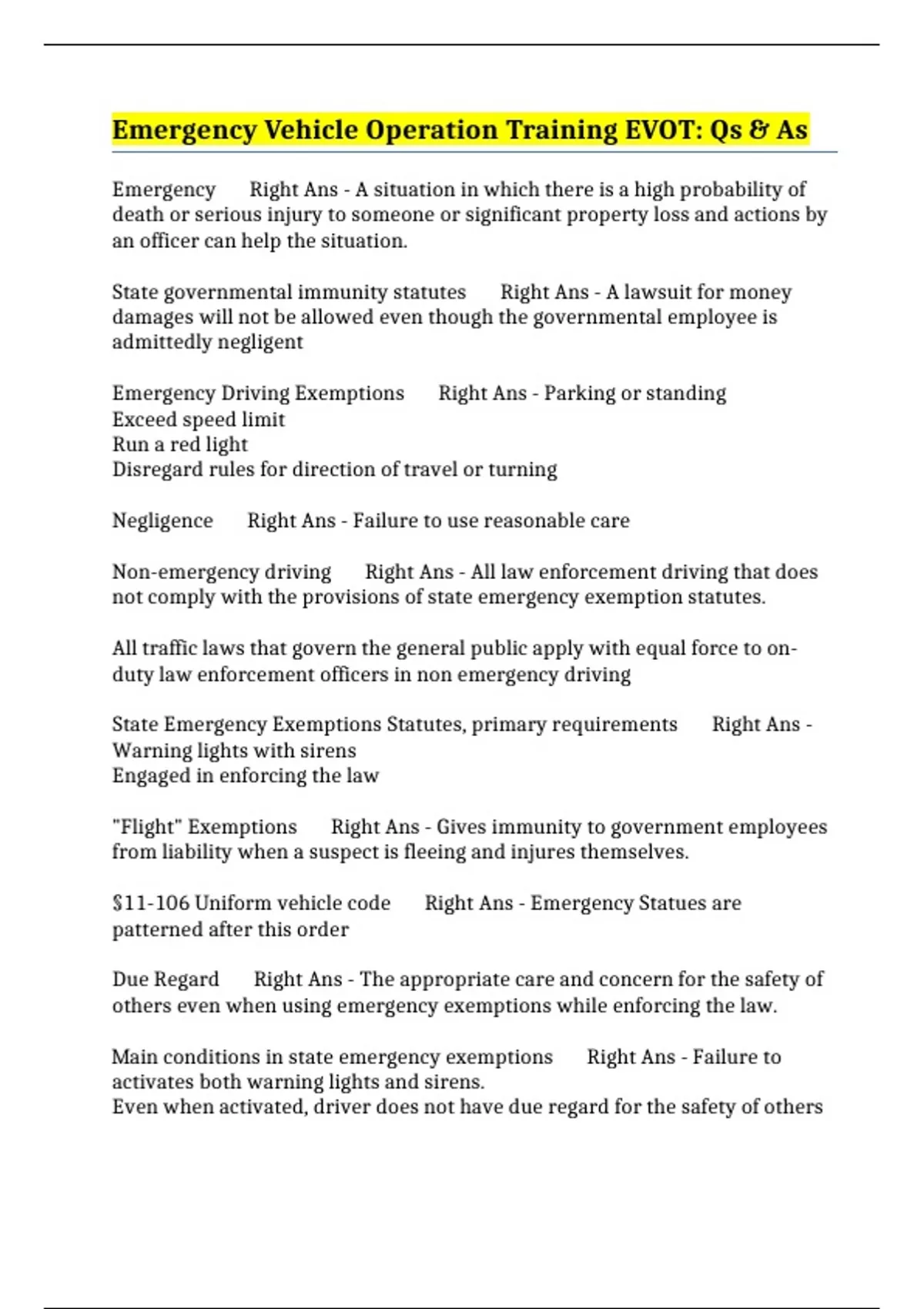 Emergency Vehicle Operation Training EVOT: Qs & As - EVOT - Stuvia US