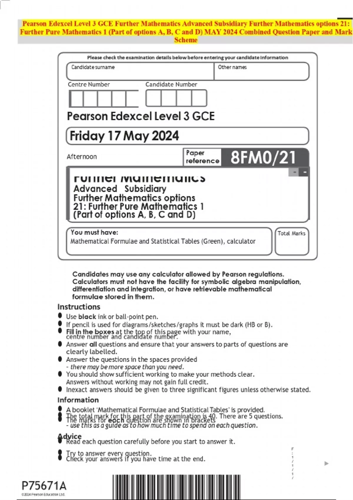 Pearson Edexcel Level 3 GCE Further Mathematics Advanced Subsidiary ...