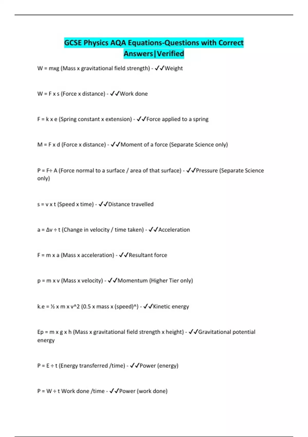 GCSE Physics AQA Equations-Questions with Correct Answers|Verified ...