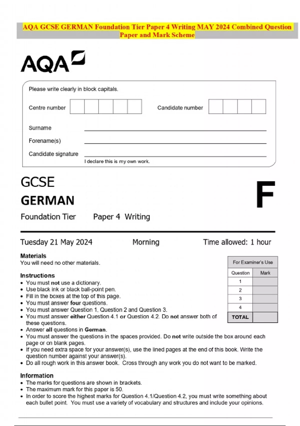 AQA GCSE GERMAN Foundation Tier Paper 4 Writing MAY 2024 Combined ...