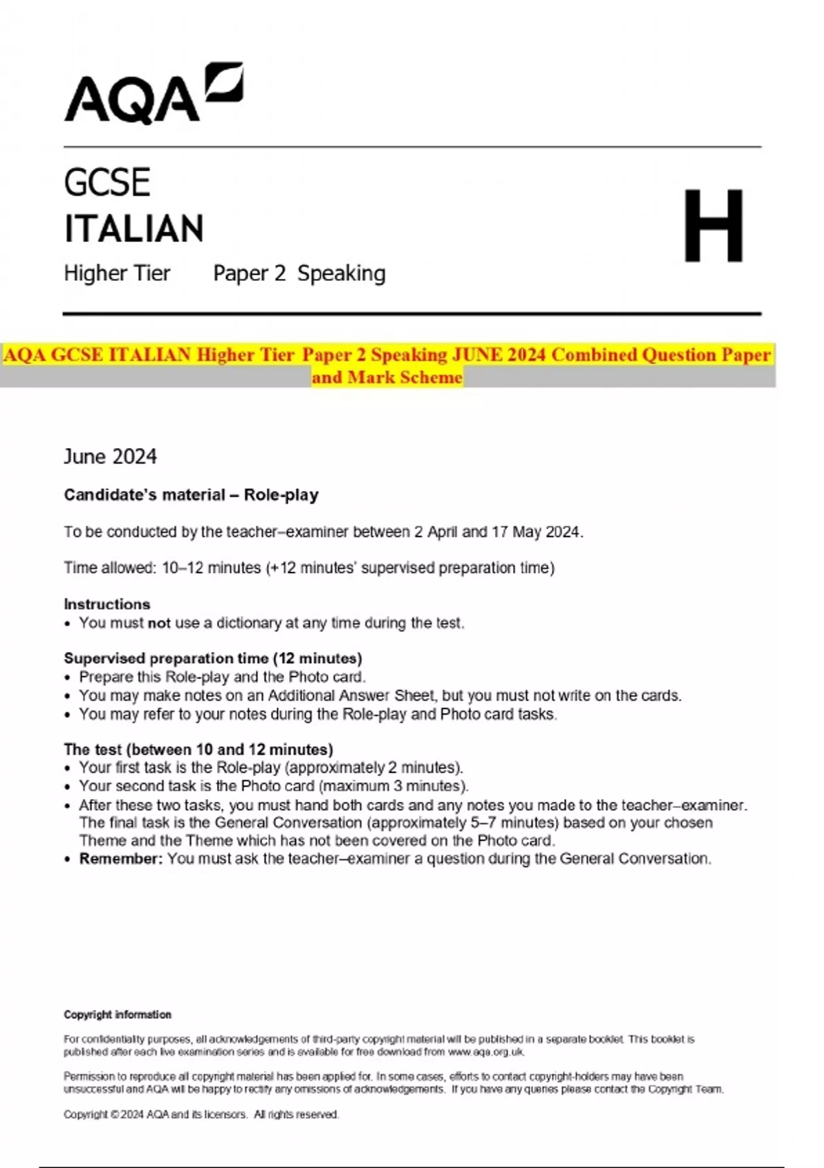 AQA GCSE ITALIAN Higher Tier Paper 2 Speaking JUNE 2024 Combined ...