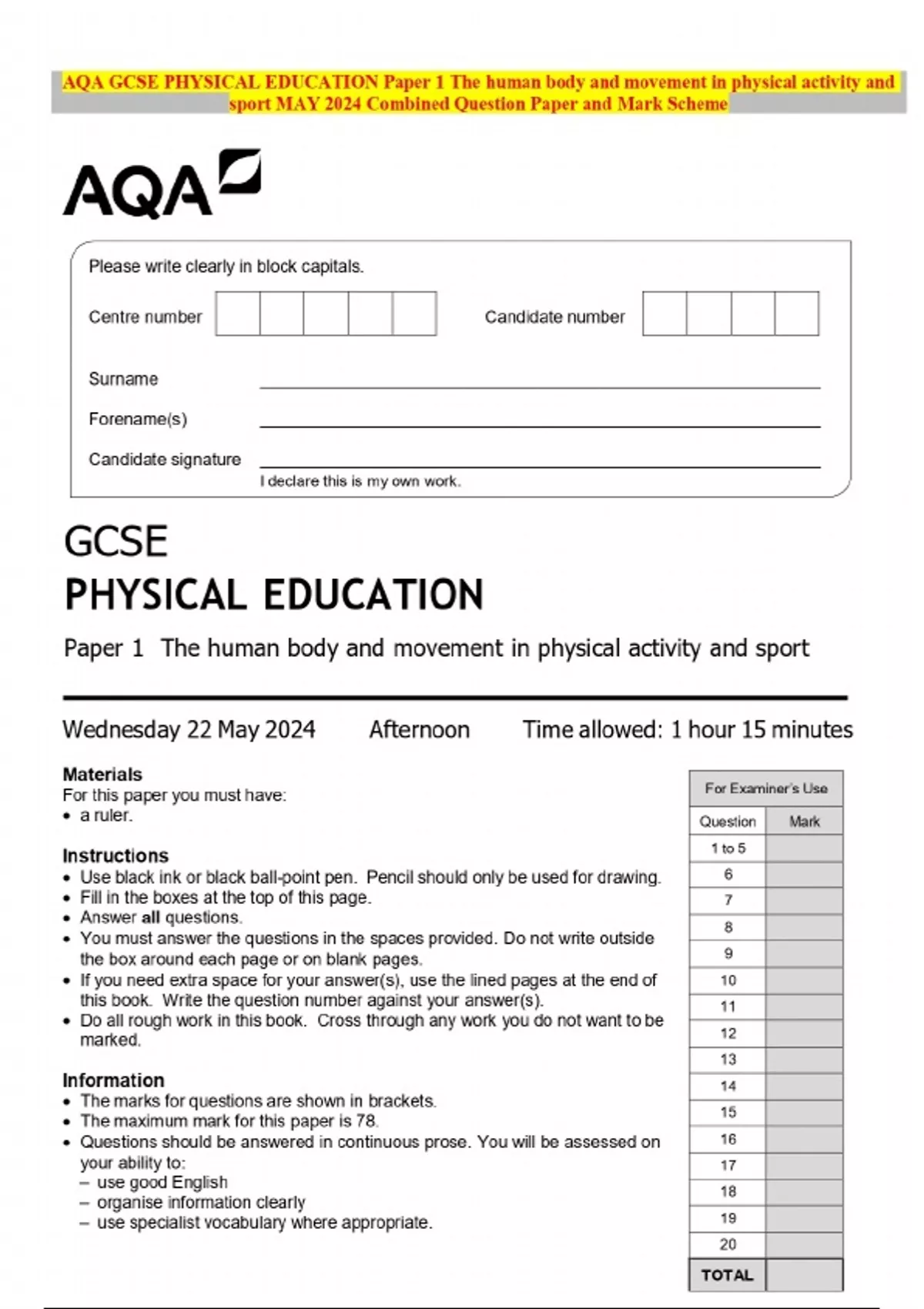 AQA GCSE PHYSICAL EDUCATION Paper 1 The human body and movement in ...