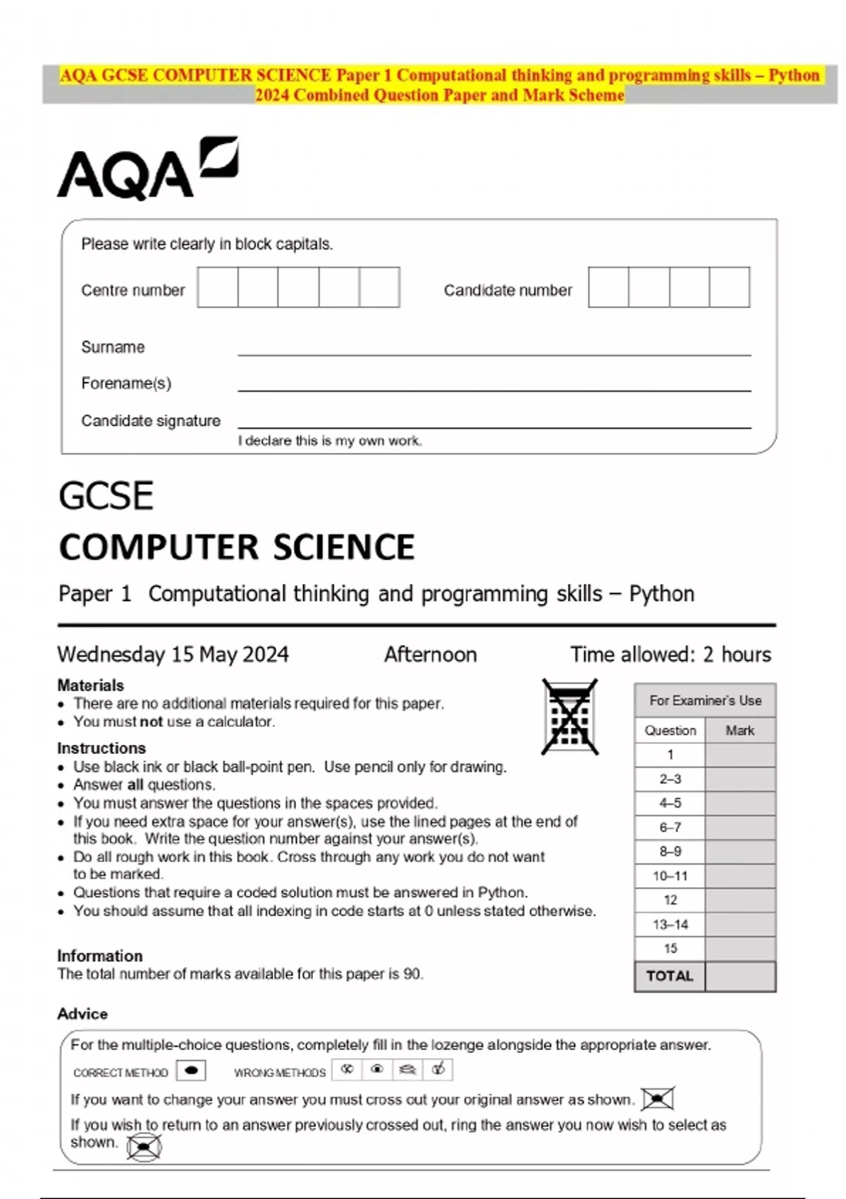 AQA GCSE COMPUTER SCIENCE Paper 1 Computational thinking and programming skills – Python 2024 ...