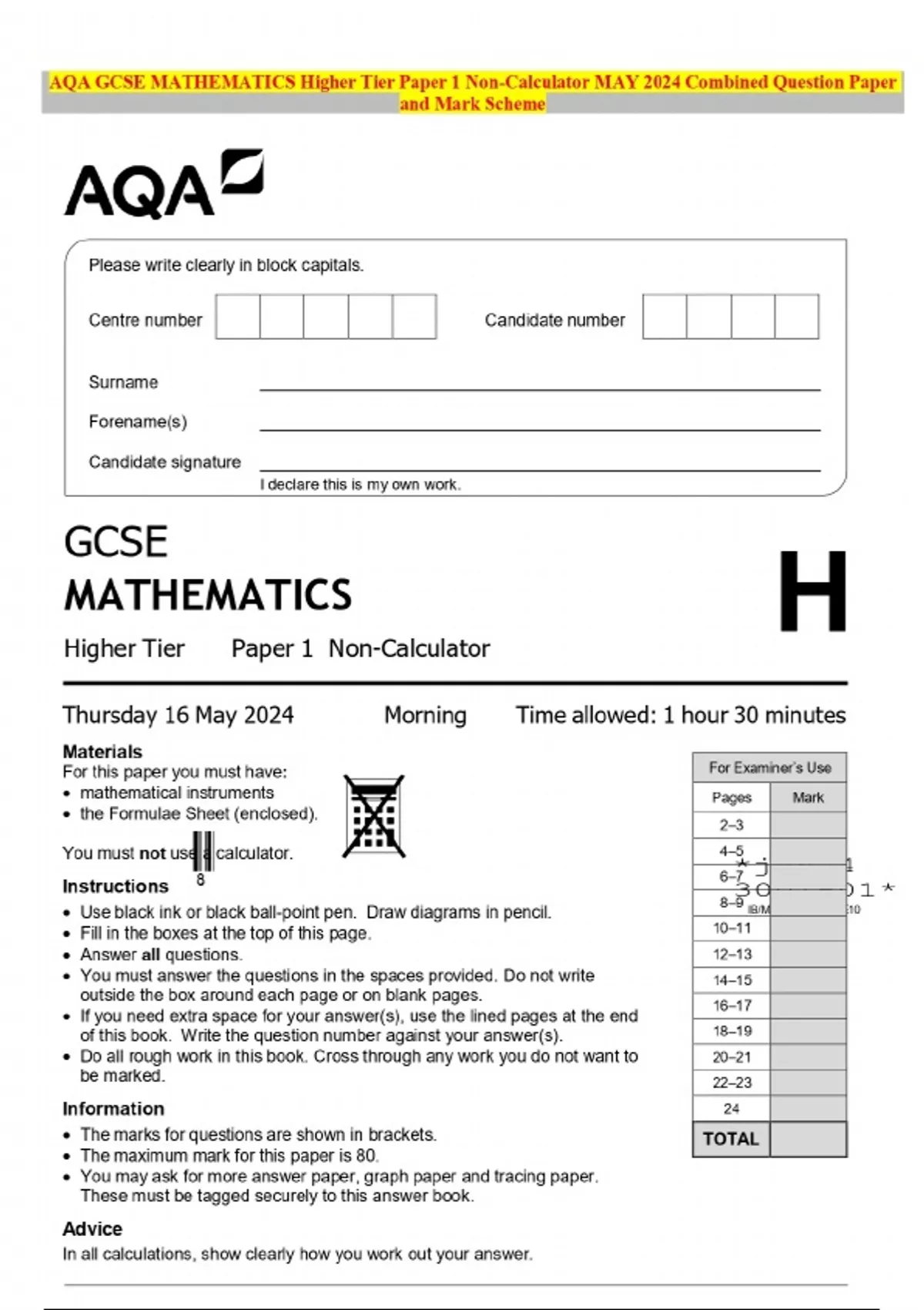AQA GCSE MATHEMATICS Higher Tier Paper 1 Non-Calculator MAY 2024 ...