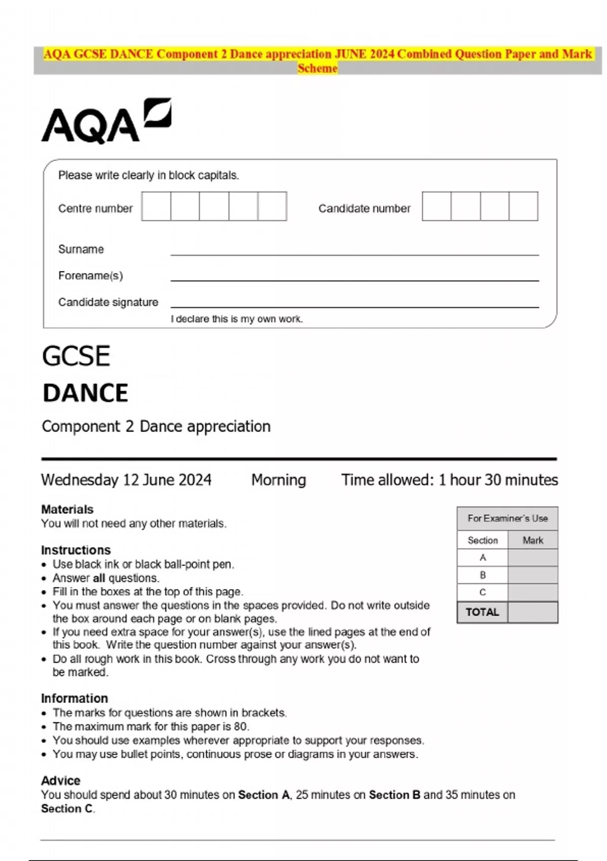 AQA GCSE DANCE Component 2 Dance appreciation JUNE 2024 Combined ...