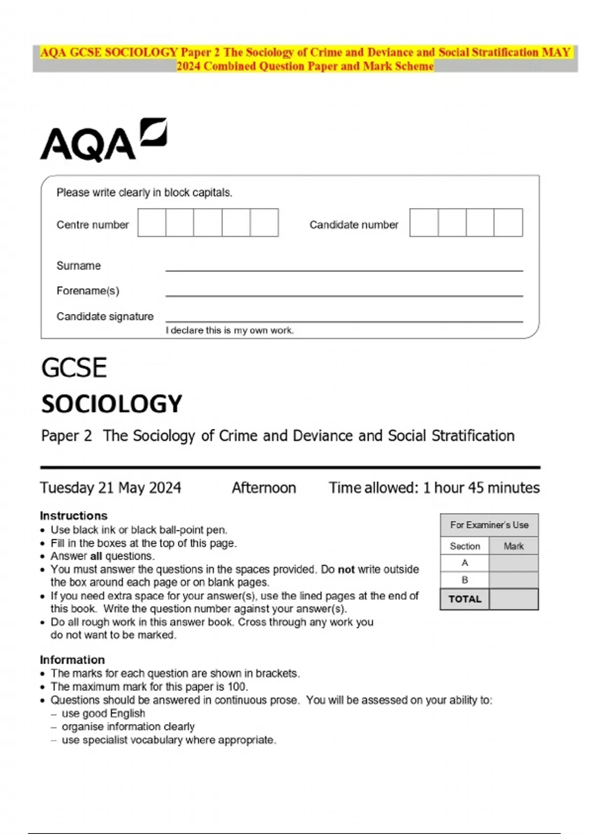 AQA GCSE SOCIOLOGY Paper 2 The Sociology of Crime and Deviance and ...
