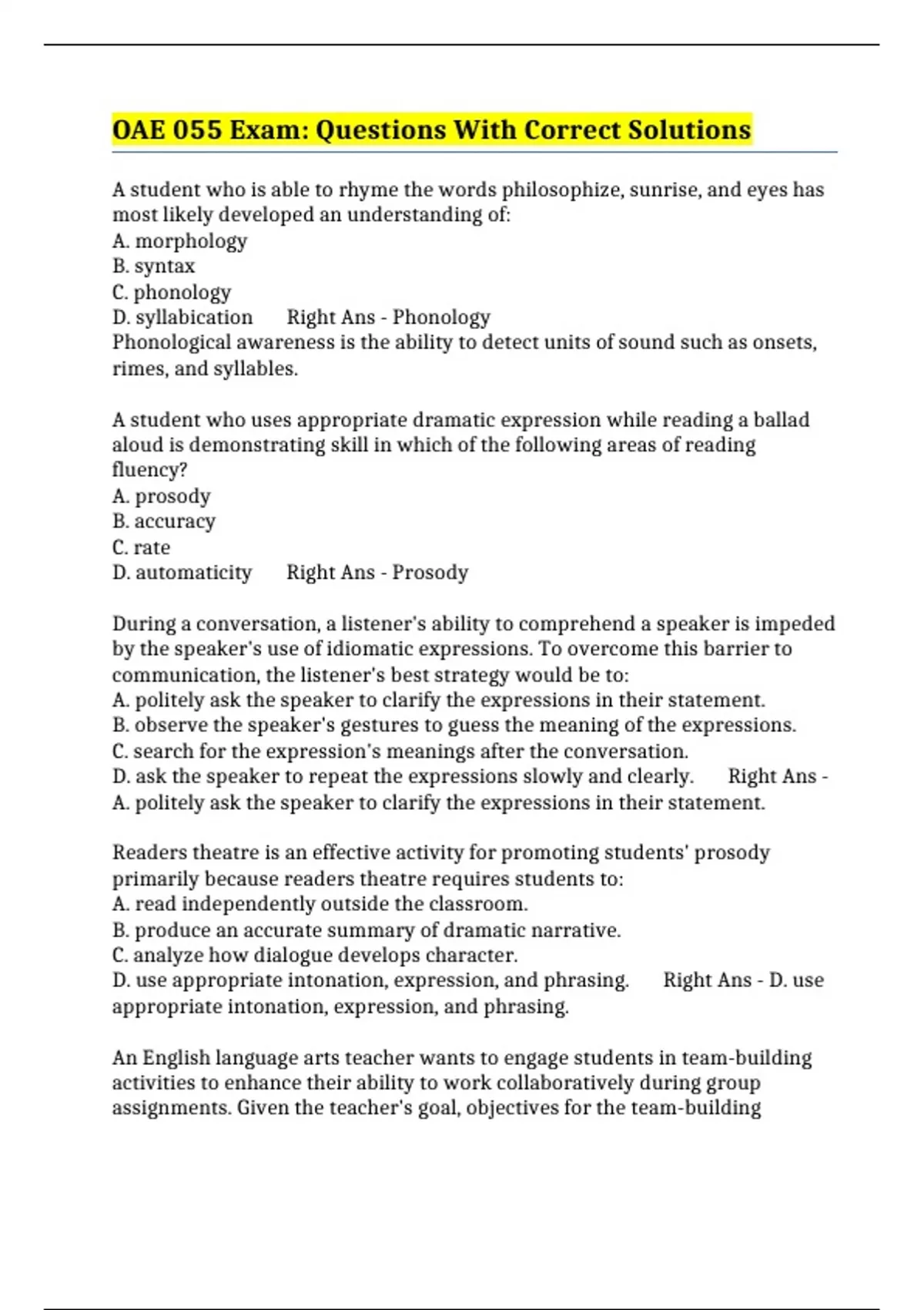 OAE 055 Exam: Questions With Correct Solutions - OAE 055 - Stuvia US