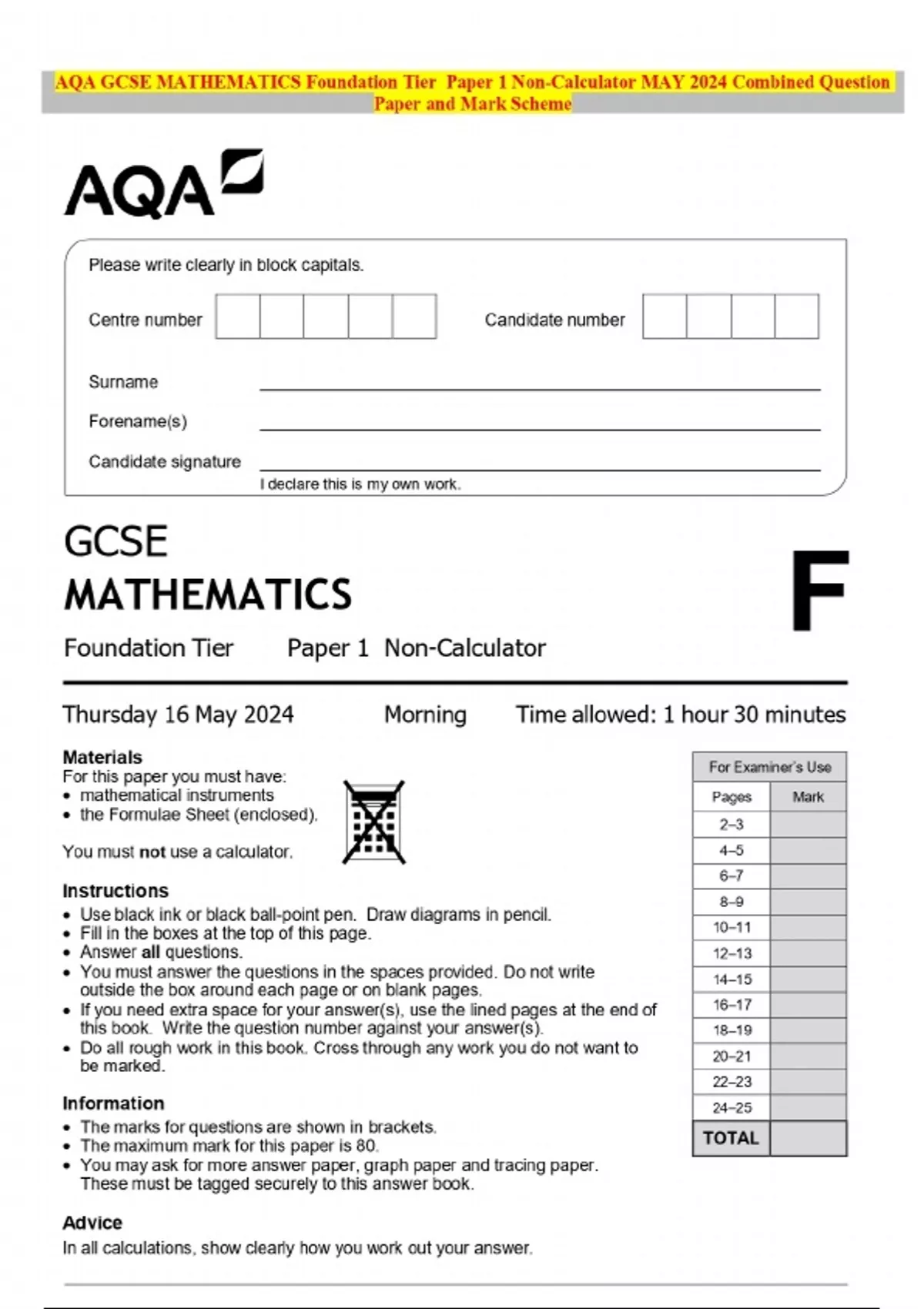 AQA GCSE MATHEMATICS Foundation Tier Paper 1 Non-Calculator MAY 2024 ...