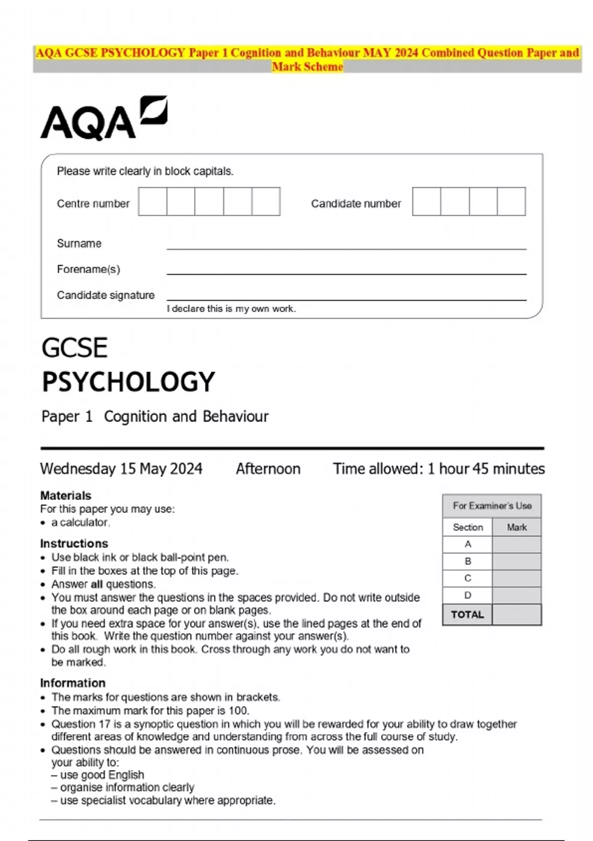 AQA GCSE PSYCHOLOGY Paper 1 Cognition and Behaviour MAY 2024 Combined ...