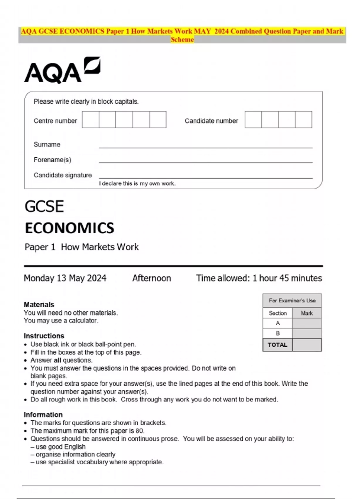 AQA GCSE ECONOMICS Paper 1 How Markets Work MAY 2024 Combined Question ...