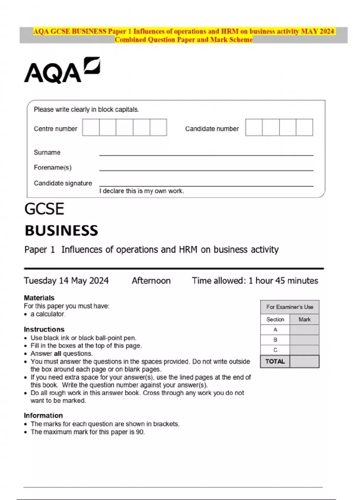 AQA GCSE BUSINESS Paper 1 Influences of operations and HRM on business ...