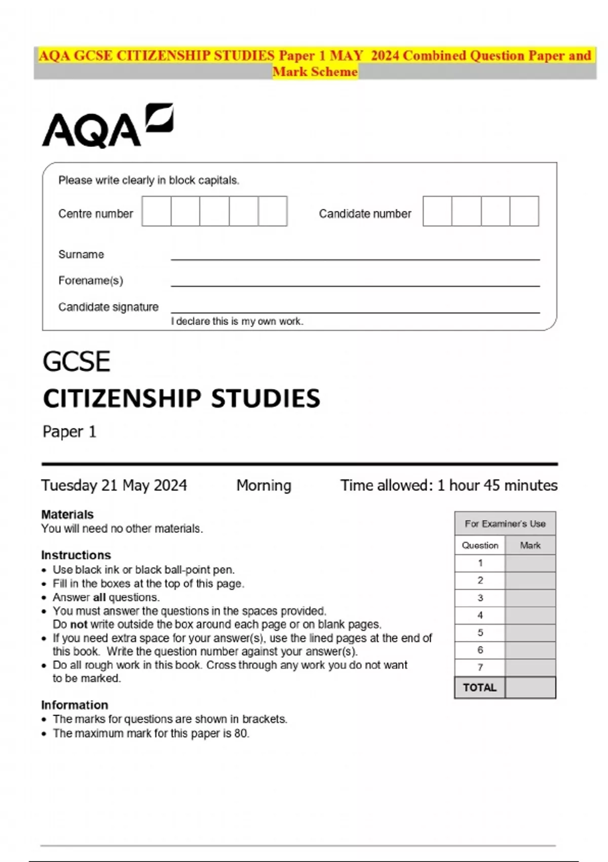 AQA GCSE CITIZENSHIP STUDIES Paper 1 MAY 2024 Combined Question Paper ...