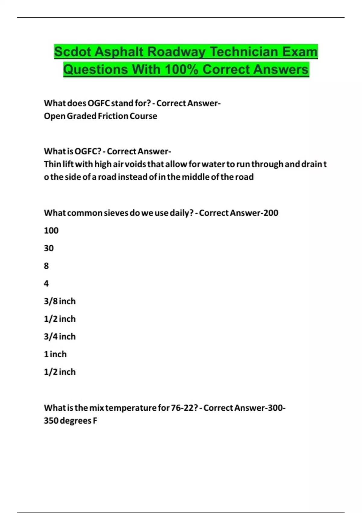 Scdot Asphalt Roadway Technician Exam Questions With 100% Correct ...