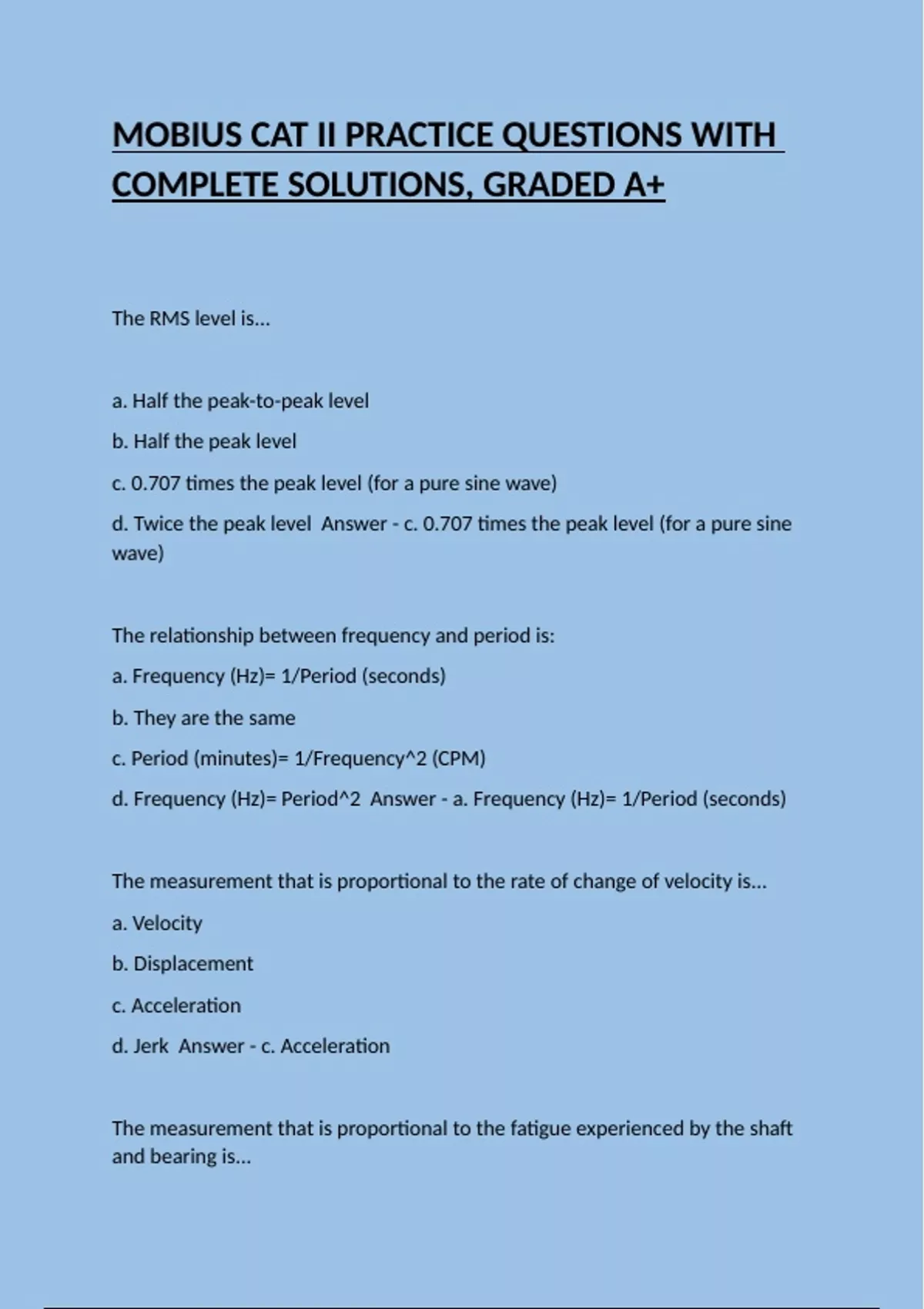 MOBIUS CAT II PRACTICE QUESTIONS WITH COMPLETE SOLUTIONS, GRADED A+ ...