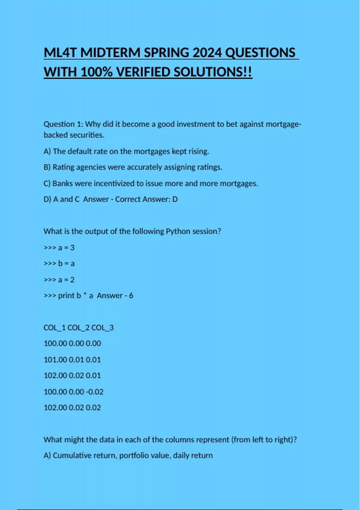 ML4T MIDTERM SPRING 2024 QUESTIONS WITH 100% VERIFIED SOLUTIONS!! - ML4T - Stuvia US