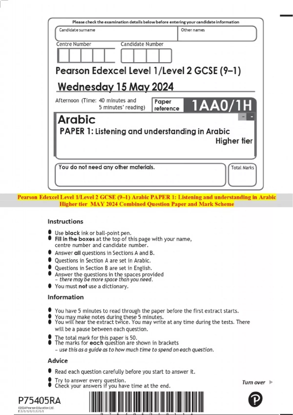 Pearson Edexcel Level 1/Level 2 GCSE (9–1) Arabic PAPER 1: Listening ...