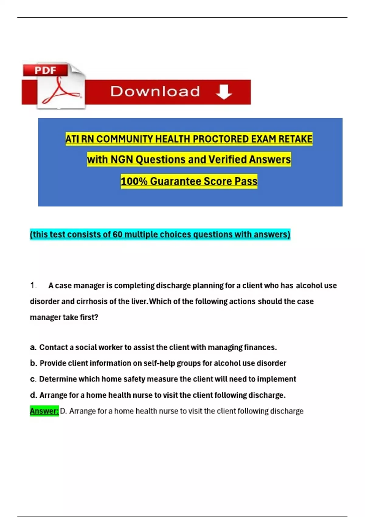 RN Community Health ATI Proctored Retake Exam with Questions and ...