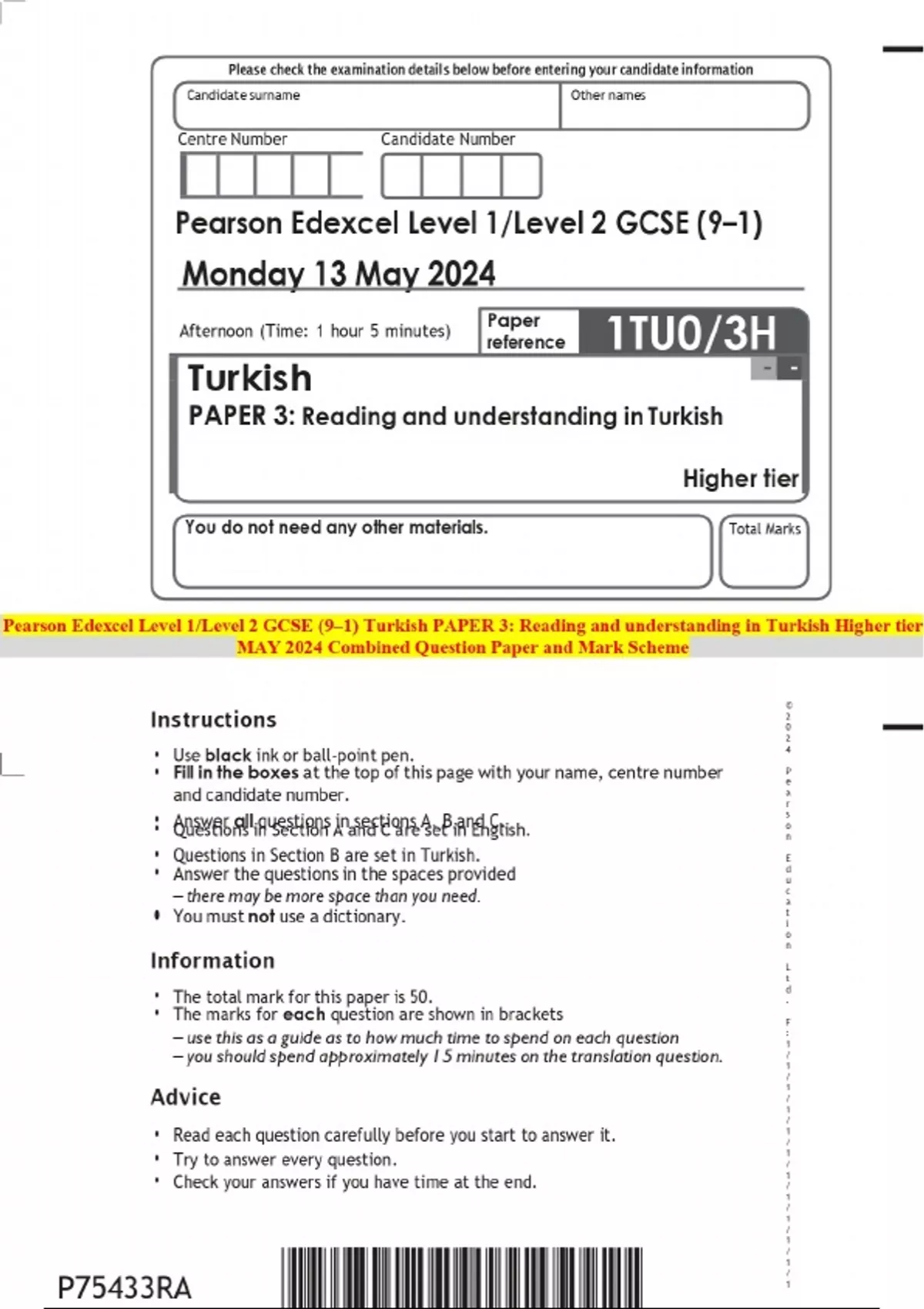 Pearson Edexcel Level 1/Level 2 GCSE (9–1) Turkish PAPER 3: Reading and ...