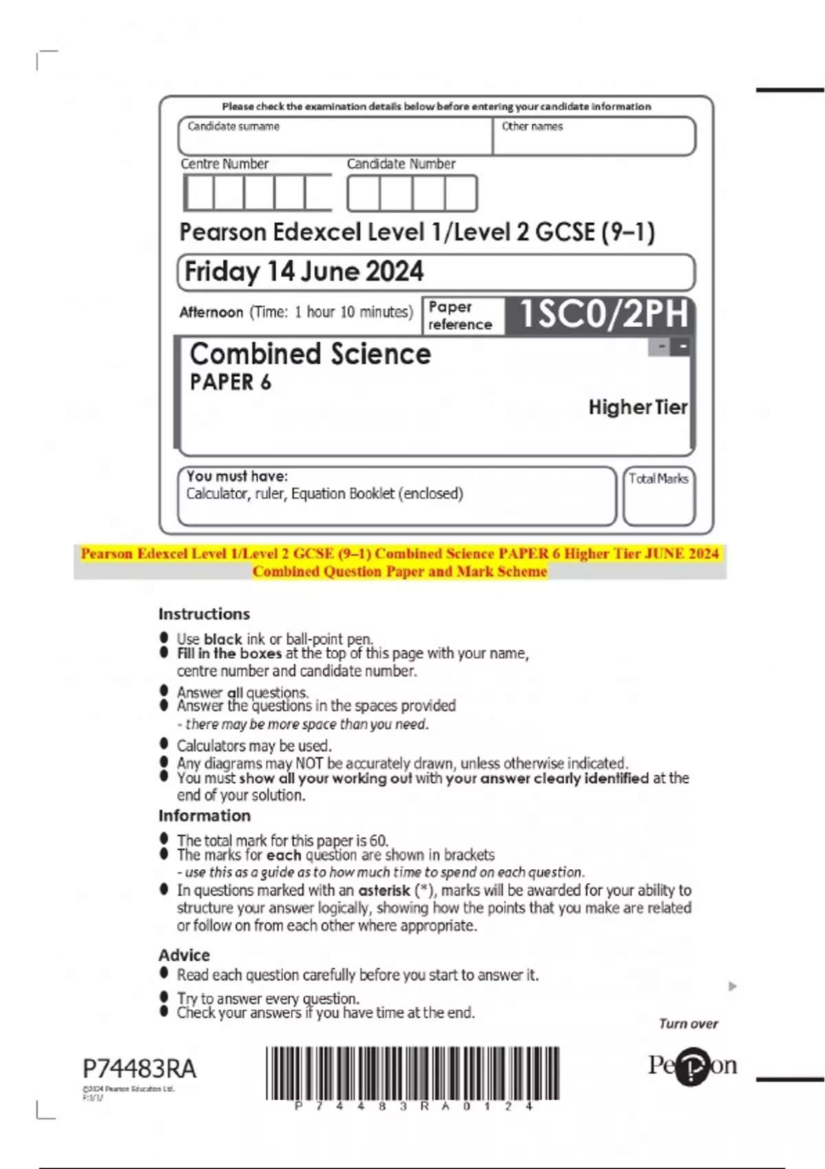 Pearson Edexcel Level 1/Level 2 GCSE (9–1) Combined Science PAPER 6 ...