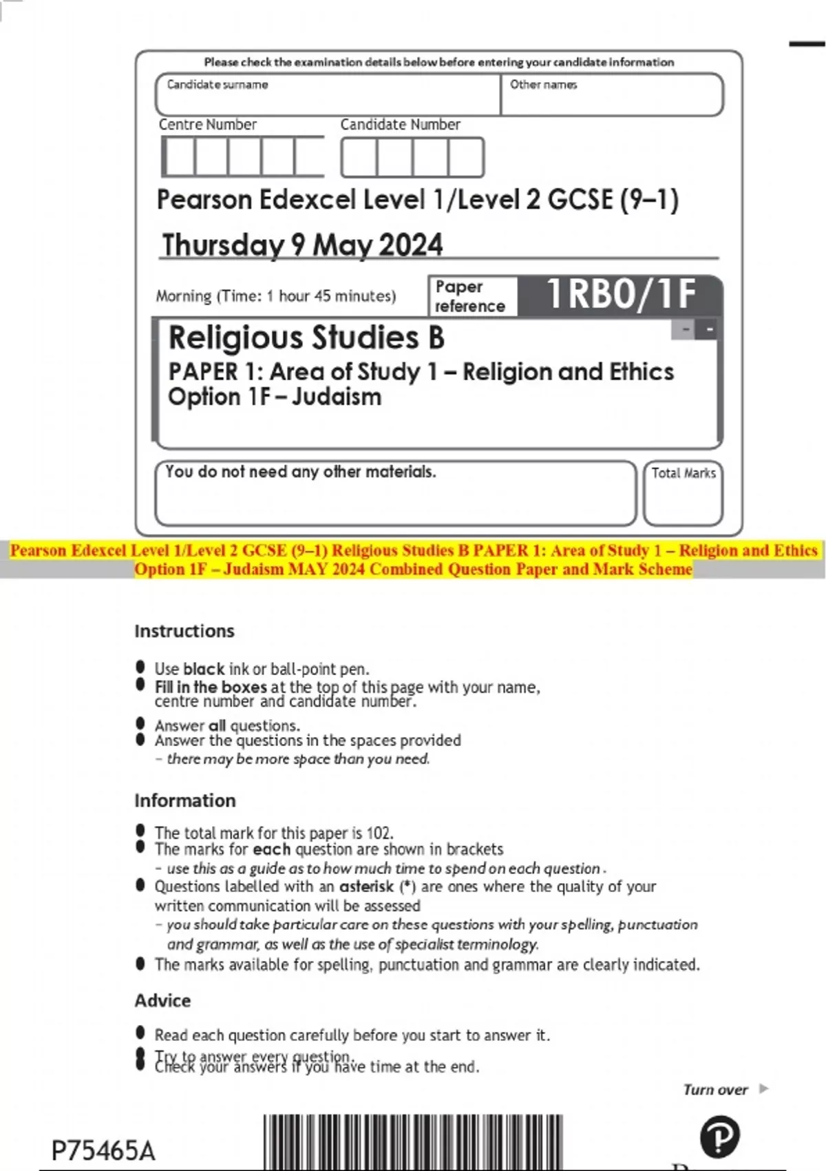Pearson Edexcel Level 1/Level 2 GCSE (9–1) Religious Studies B PAPER 1 ...