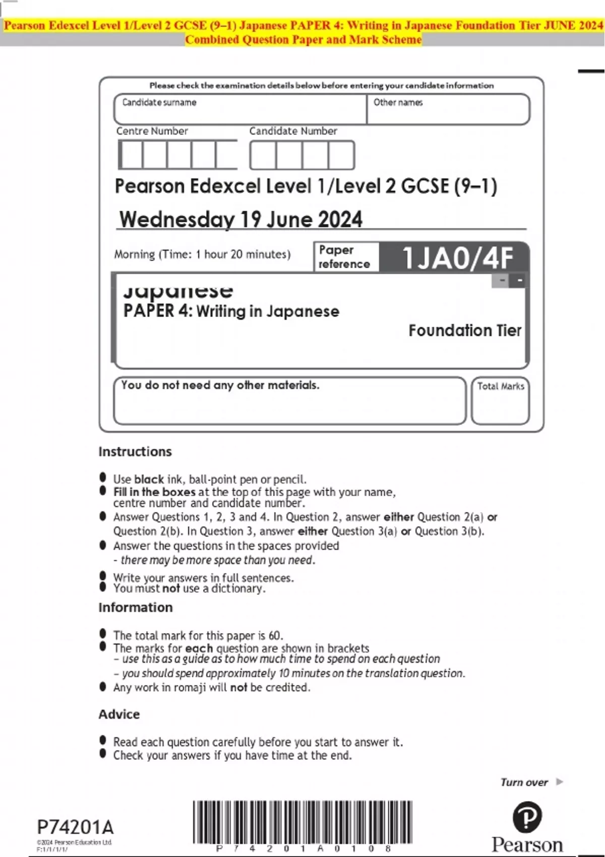 Pearson Edexcel Level 1/Level 2 GCSE (9–1) Japanese PAPER 4: Writing in ...
