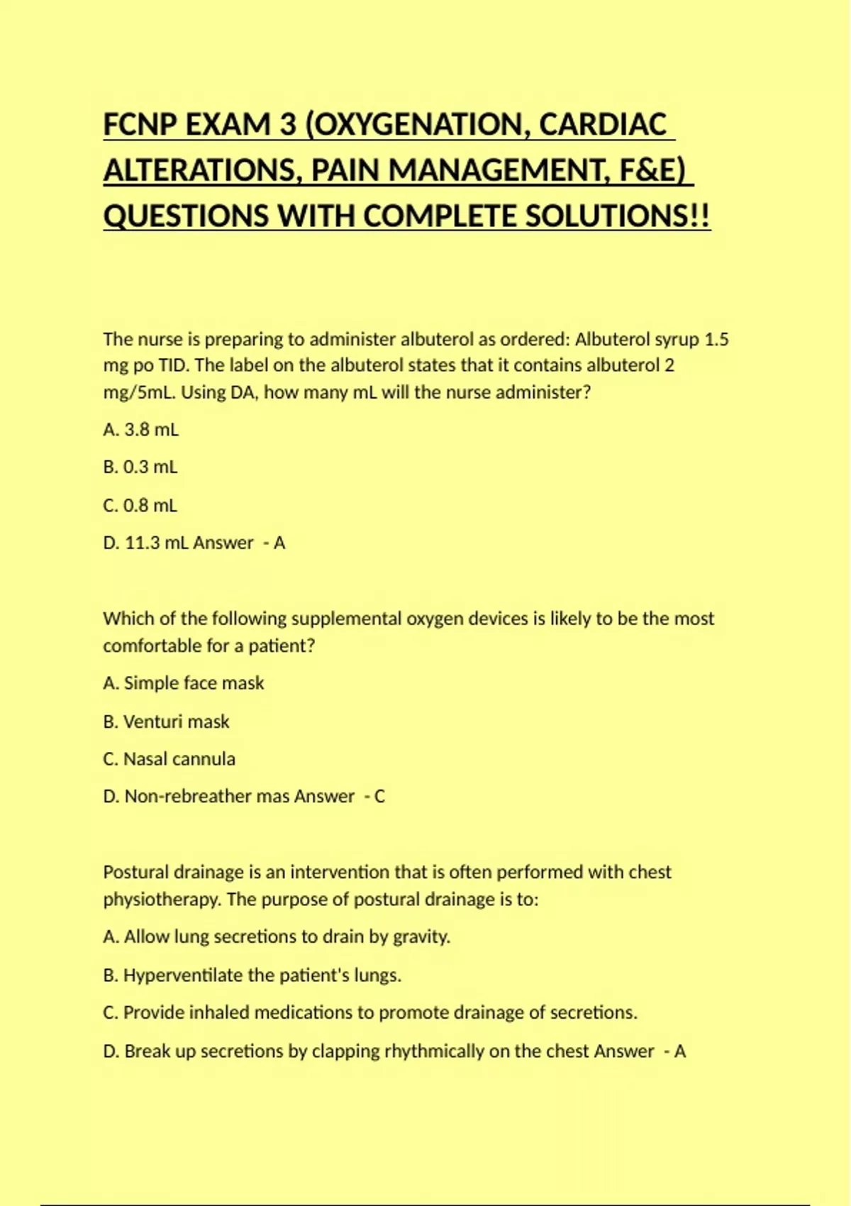 FCNP EXAM 3 (OXYGENATION, CARDIAC ALTERATIONS, PAIN MANAGEMENT, F&E) QUESTIONS WITH COMPLETE ...