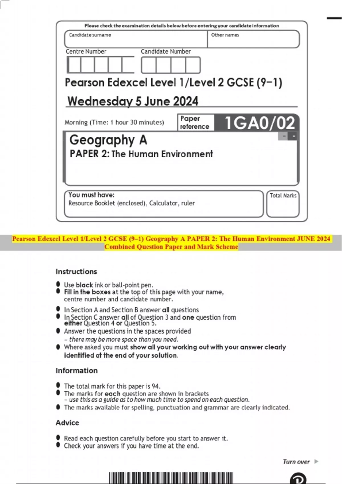 Pearson Edexcel Level 1/Level 2 GCSE (9–1) Geography A PAPER 2: The ...