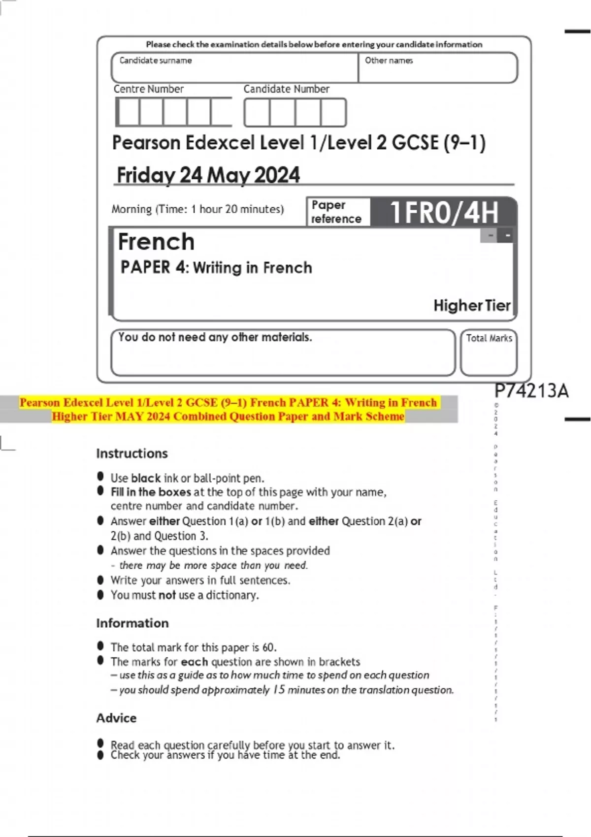 Pearson Edexcel Level 1/Level 2 GCSE (9–1) French PAPER 4: Writing in ...