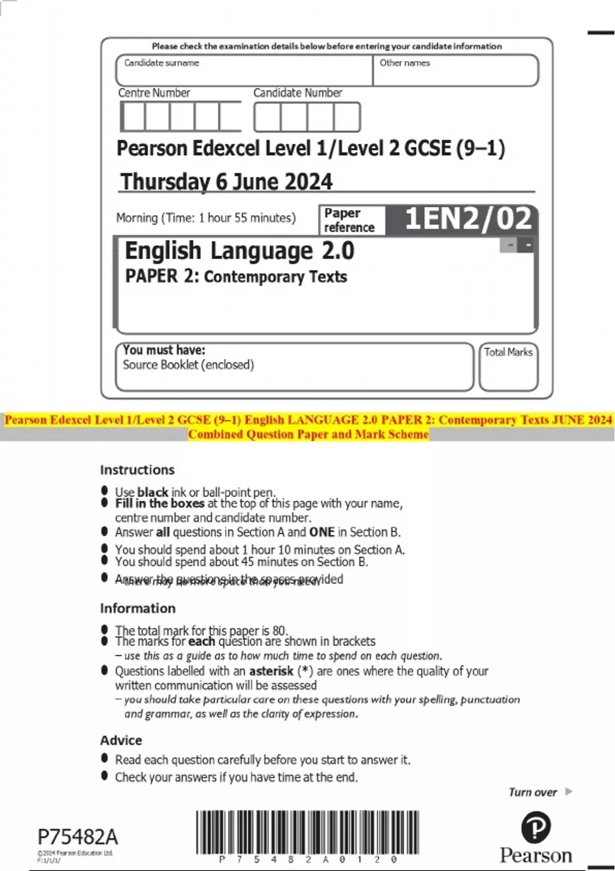 BUNDLED 2024 Pearson Edexcel Level 1/Level 2 GCSE (9–1) English Language 2.0 Combined Question ...