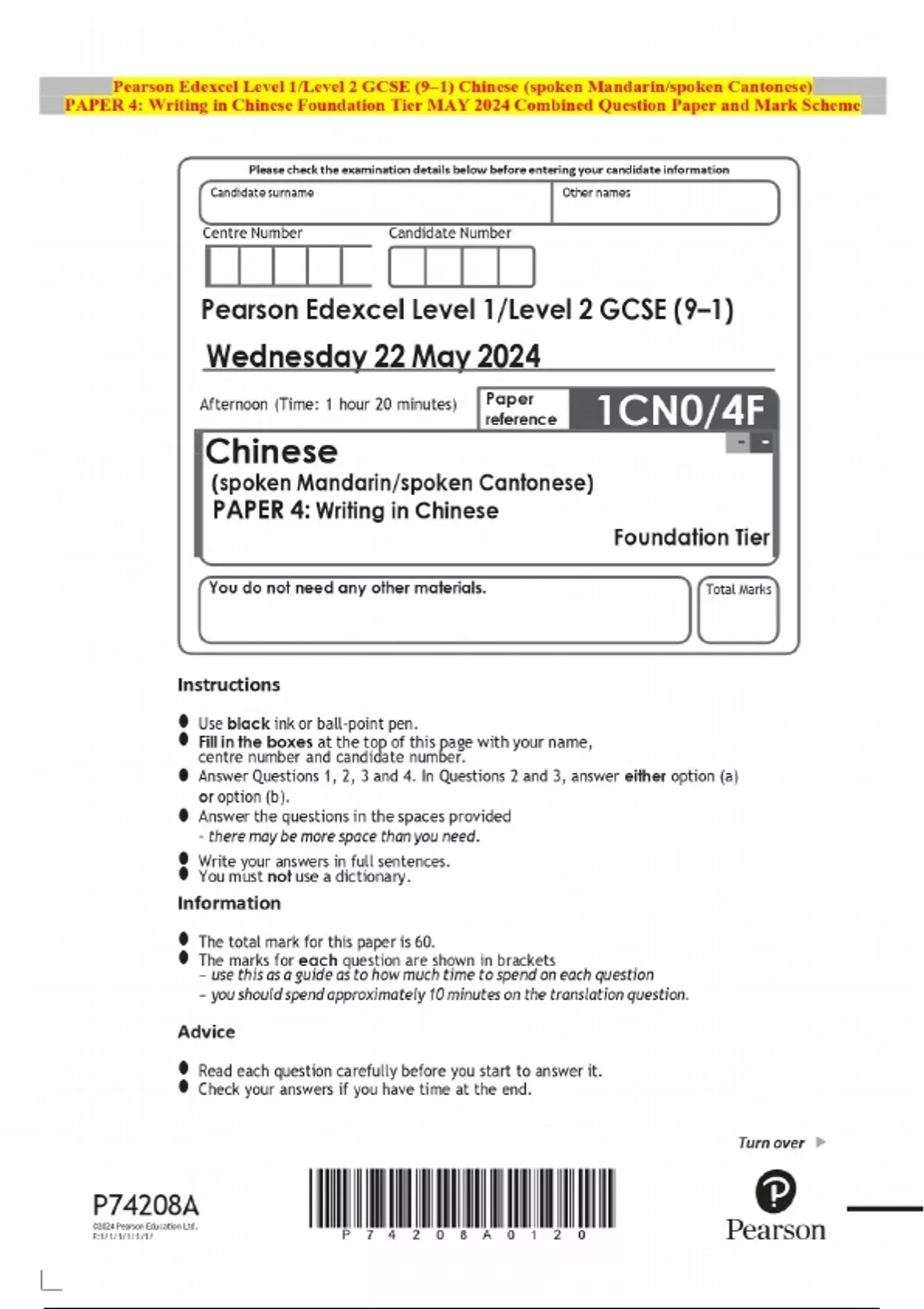 Pearson Edexcel Level 1/Level 2 GCSE (9–1) Chinese (spoken Mandarin ...