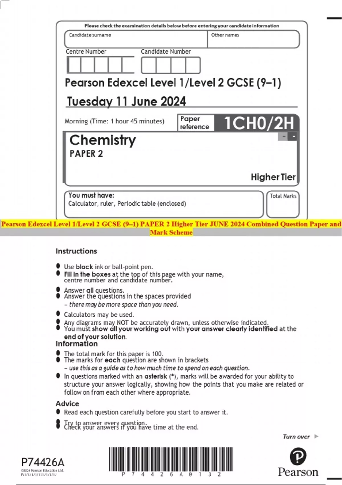 Pearson Edexcel Level 1/Level 2 GCSE (9–1) PAPER 2 Higher Tier JUNE ...
