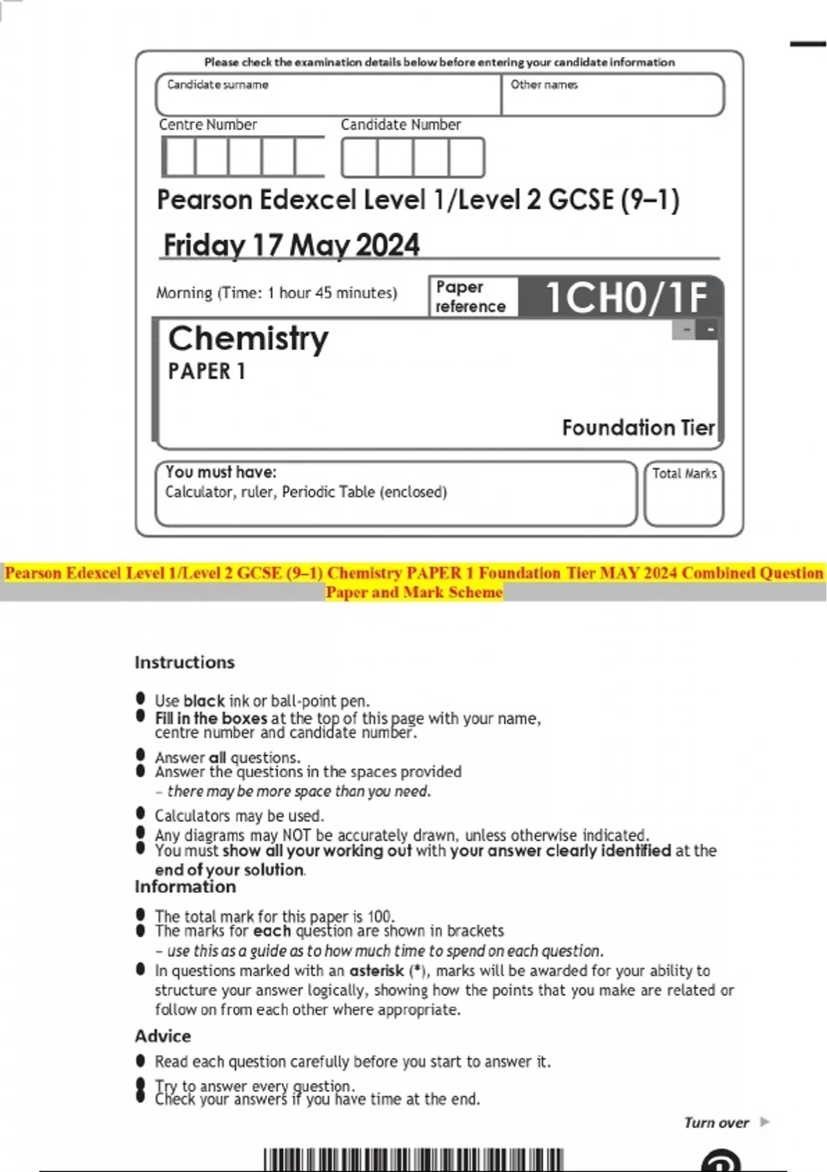 Pearson Edexcel Level 1/Level 2 GCSE (9–1) Chemistry PAPER 1 Foundation ...