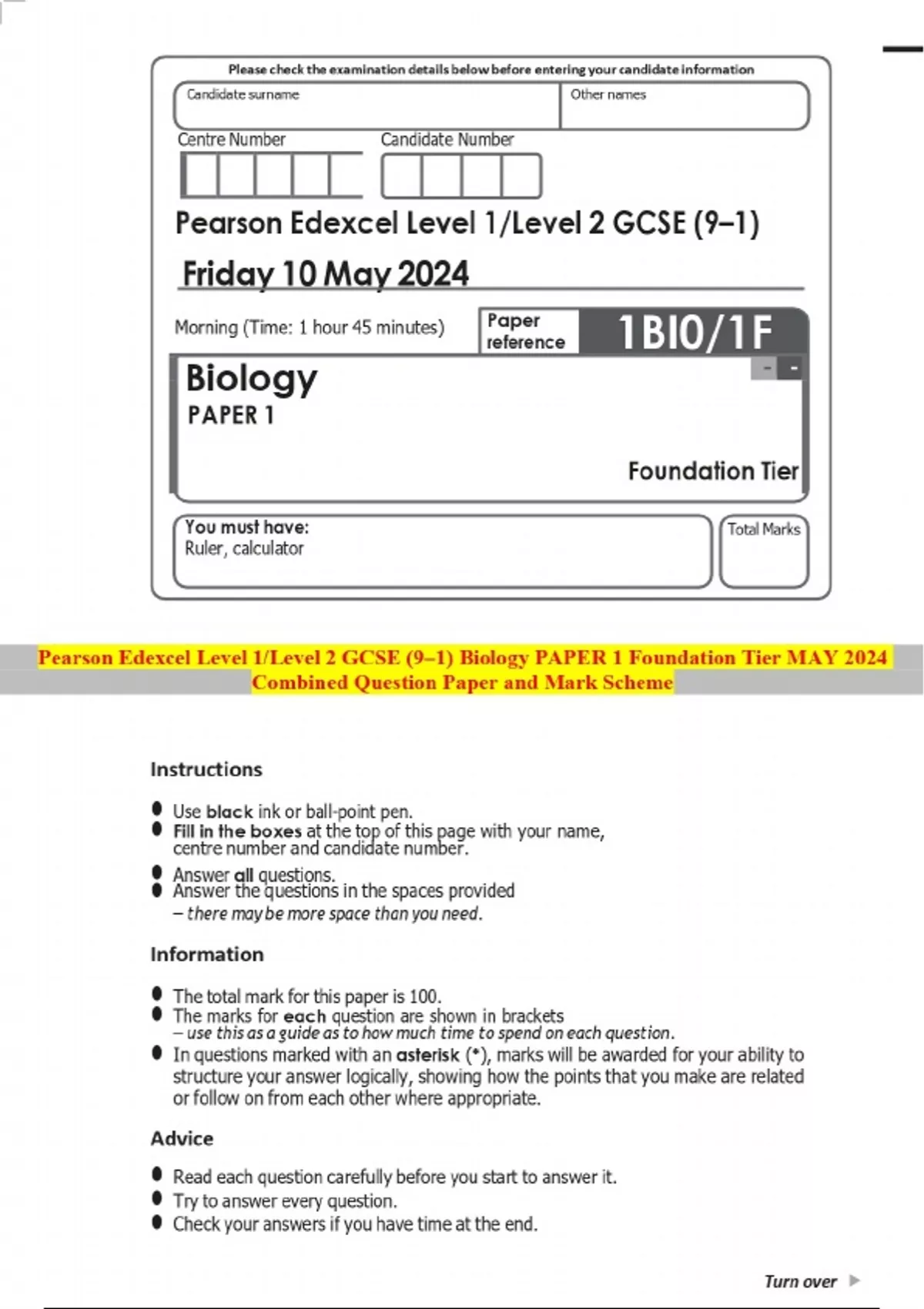 Pearson Edexcel Level 1/Level 2 GCSE (9–1) Biology PAPER 1 Foundation ...