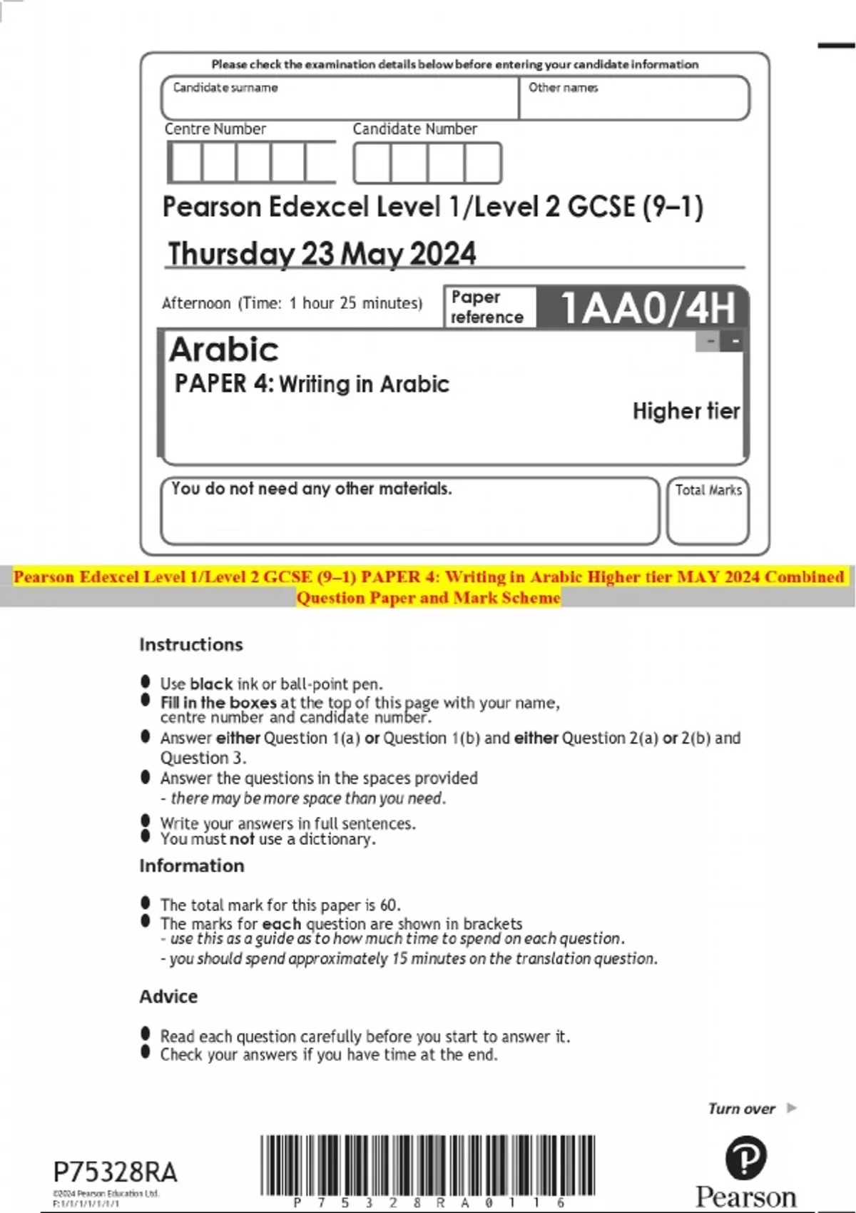Pearson Edexcel Level 1/Level 2 GCSE (9–1) PAPER 4: Writing in Arabic ...