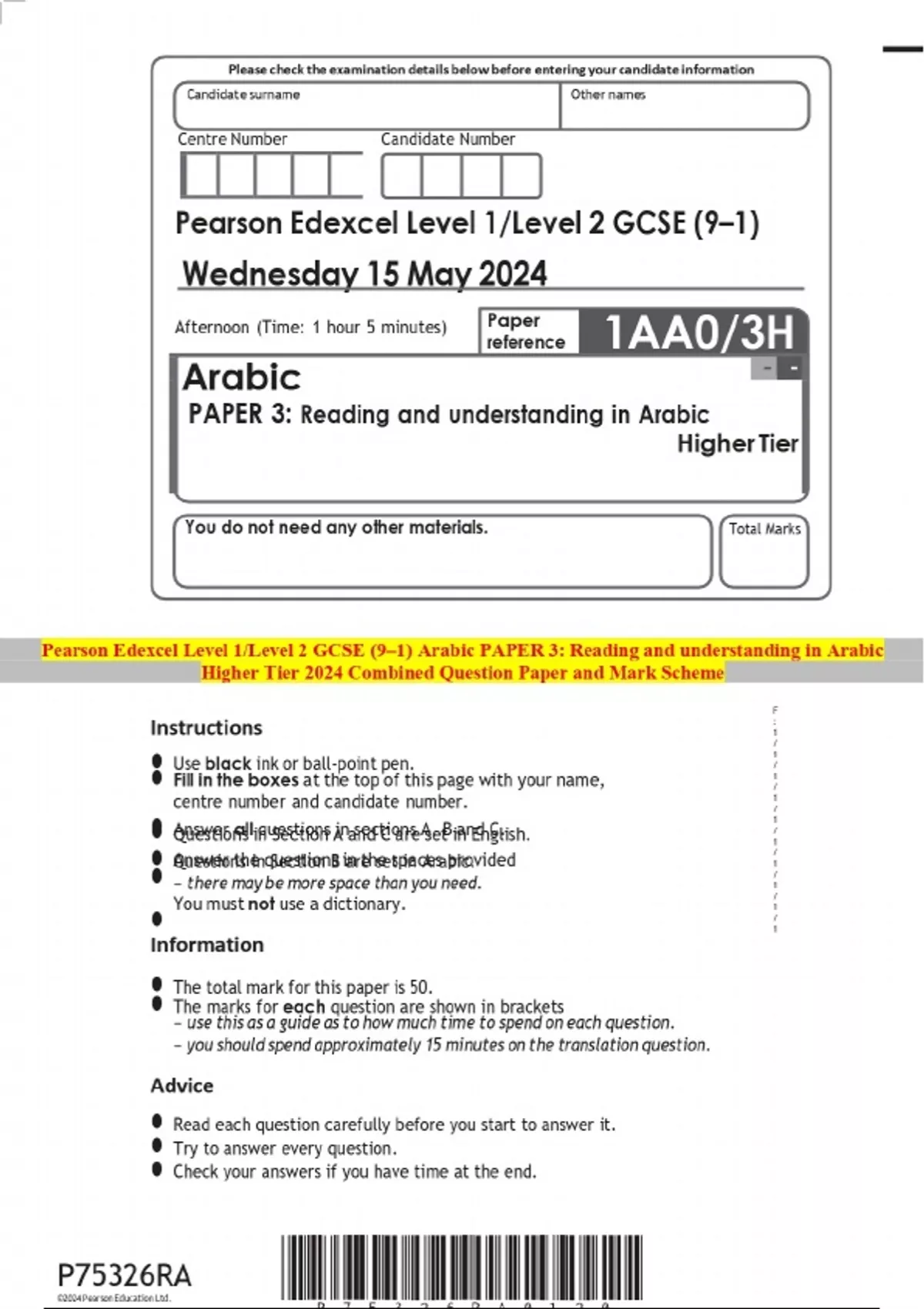 Pearson Edexcel Level 1/Level 2 GCSE (9–1) Arabic PAPER 3: Reading and ...