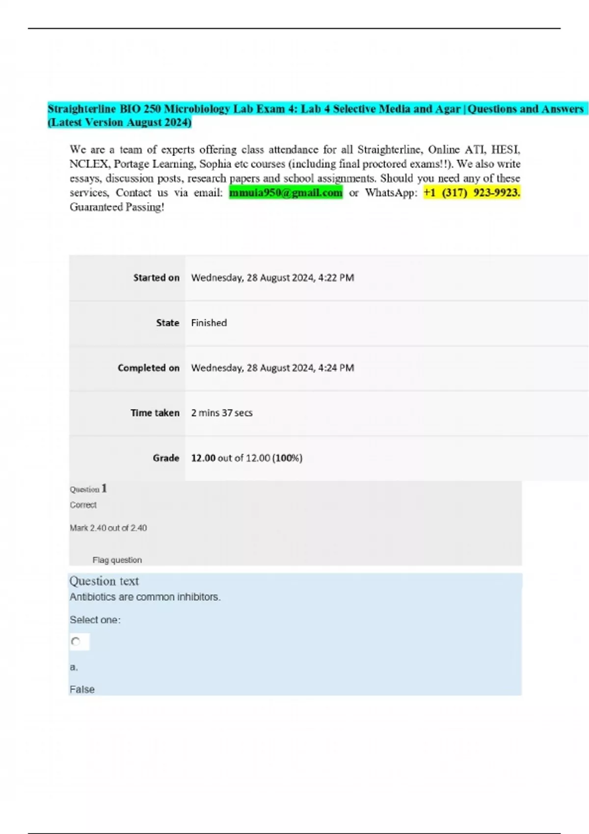 Straighterline BIO 250 Microbiology Lab Exam 4: Lab 4 Selective Media ...