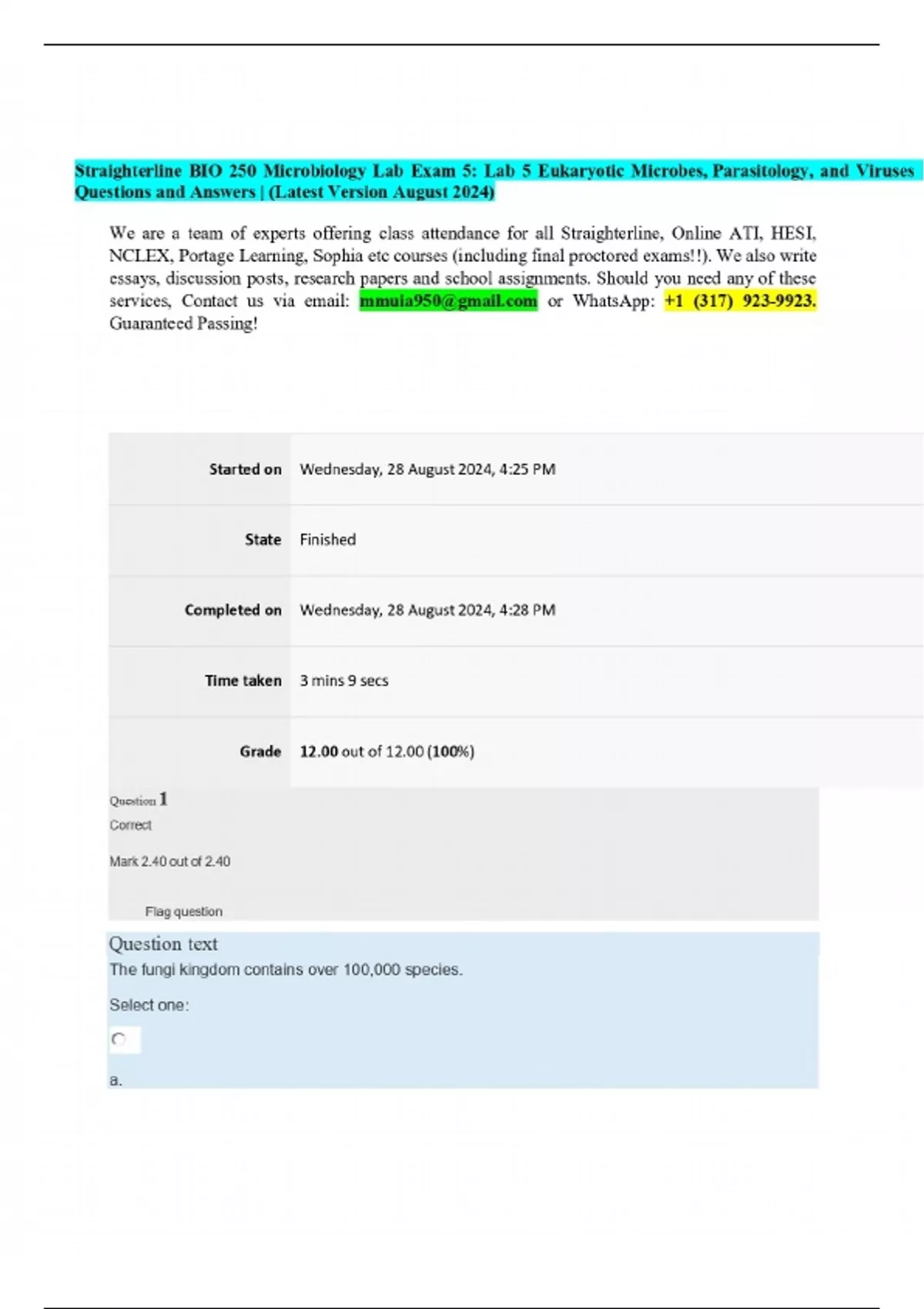 Straighterline BIO 250 Microbiology Lab Exam 5: Lab 5 Eukaryotic ...