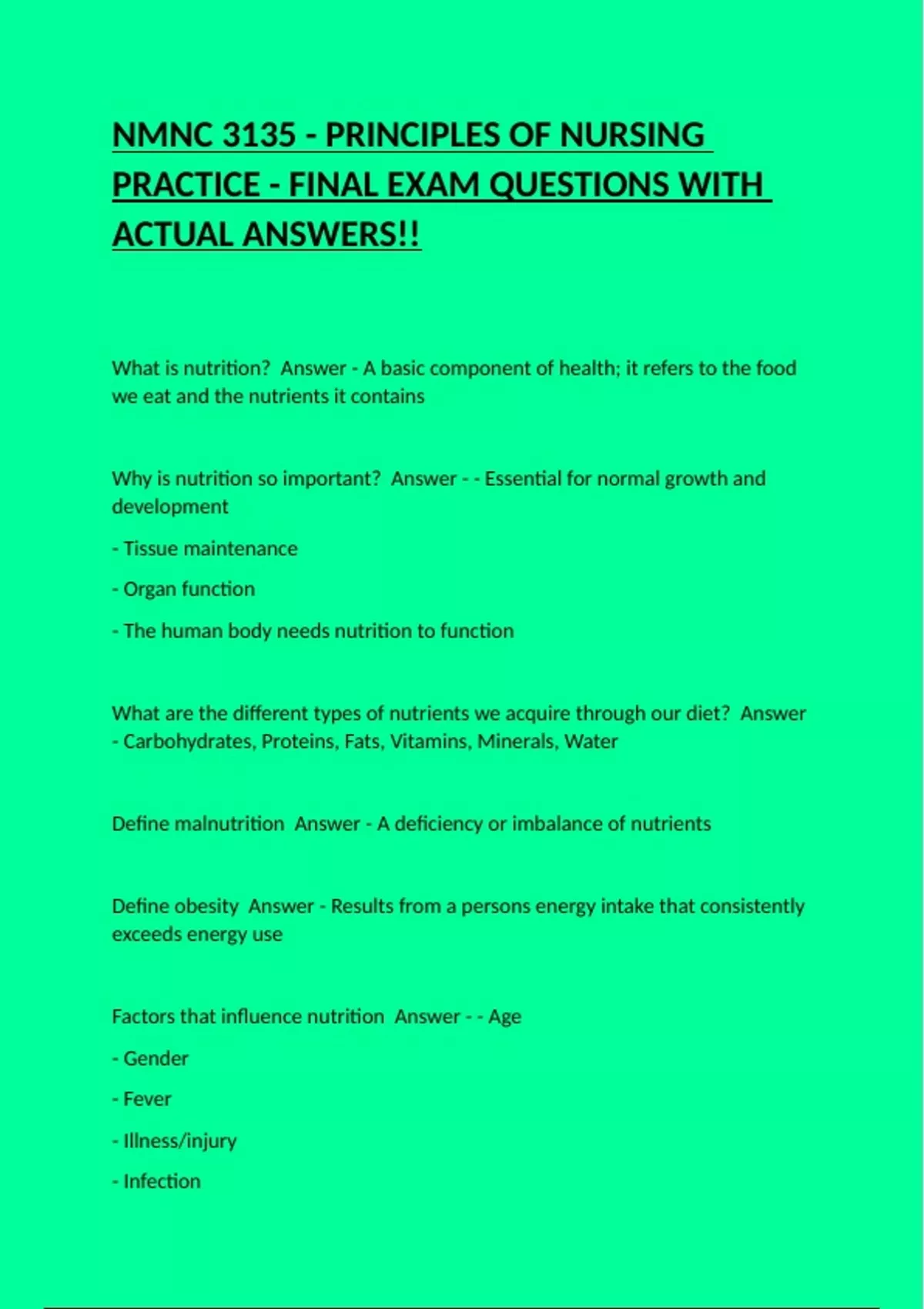 NMNC 3135 - PRINCIPLES OF NURSING PRACTICE - FINAL EXAM QUESTIONS WITH ...