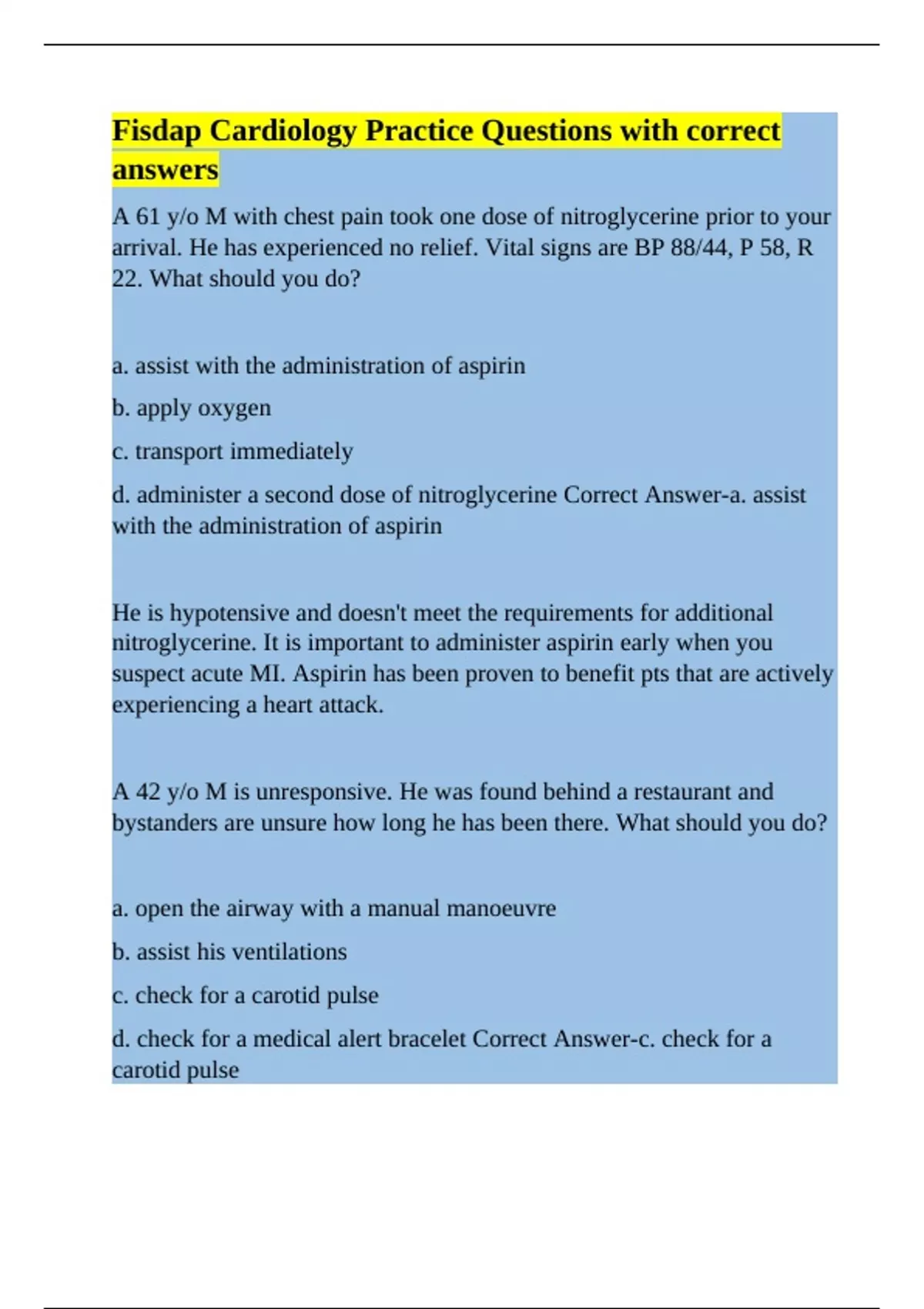 Fisdap Cardiology Practice Questions with correct answers. - Fisdap ...
