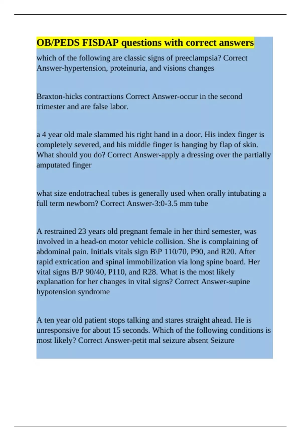 OB/PEDS FISDAP questions with correct answers - Fisdap - Stuvia US