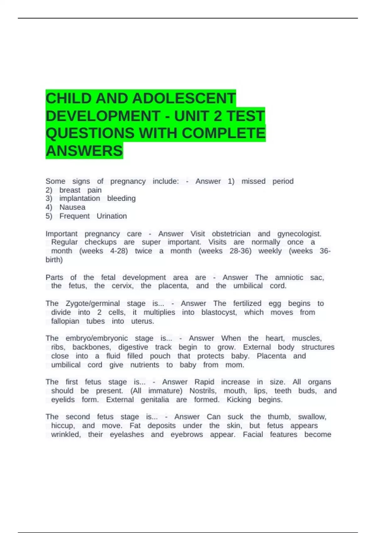 CHILD AND ADOLESCENT DEVELOPMENT - UNIT 2 TEST QUESTIONS WITH COMPLETE ...