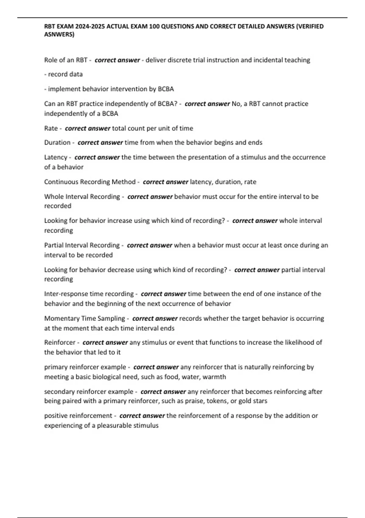 RBT EXAM ACTUAL EXAM 100 QUESTIONS AND CORRECT DETAILED ANSWERS ...