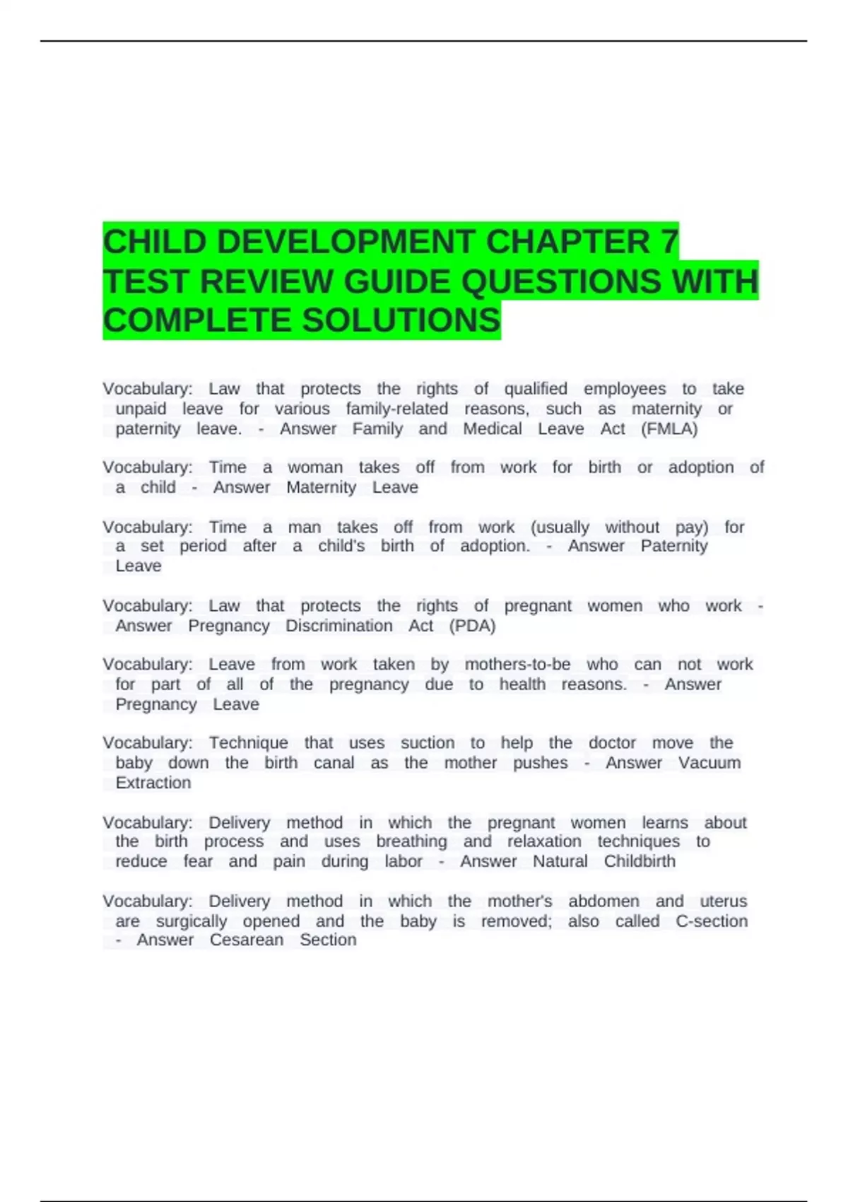 CHILD DEVELOPMENT CHAPTER 7 TEST REVIEW GUIDE QUESTIONS WITH COMPLETE ...