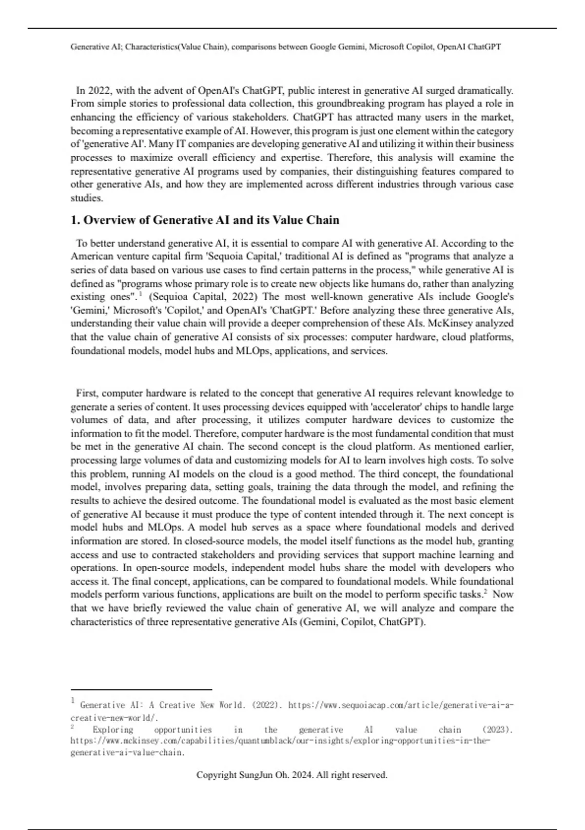 Generative AI; Characteristics(Value Chain), comparisons between Google ...