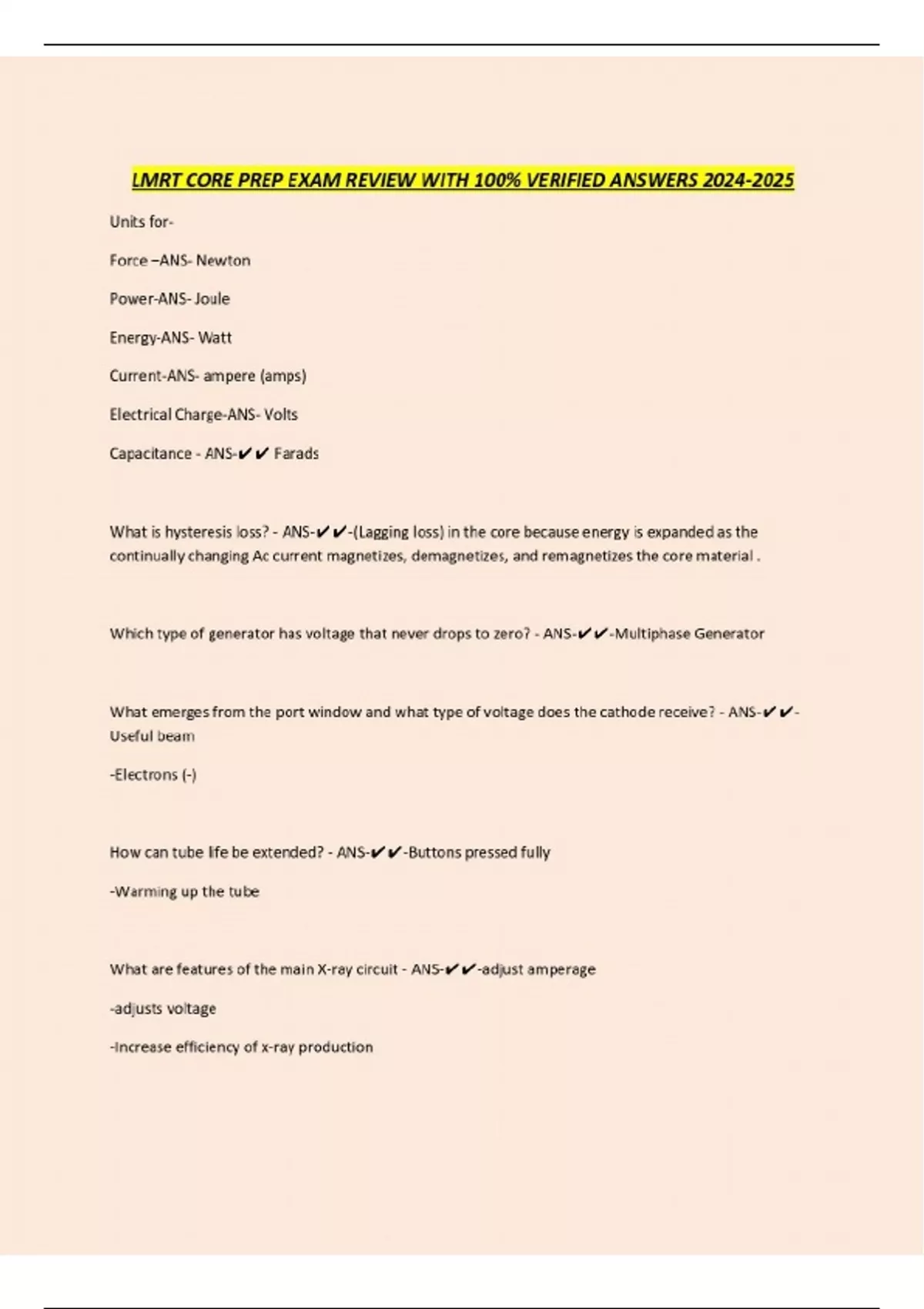 LMRT CORE PREP EXAM REVIEW WITH 100% VERIFIED ANSWERS - LMRT CORE PREP ...