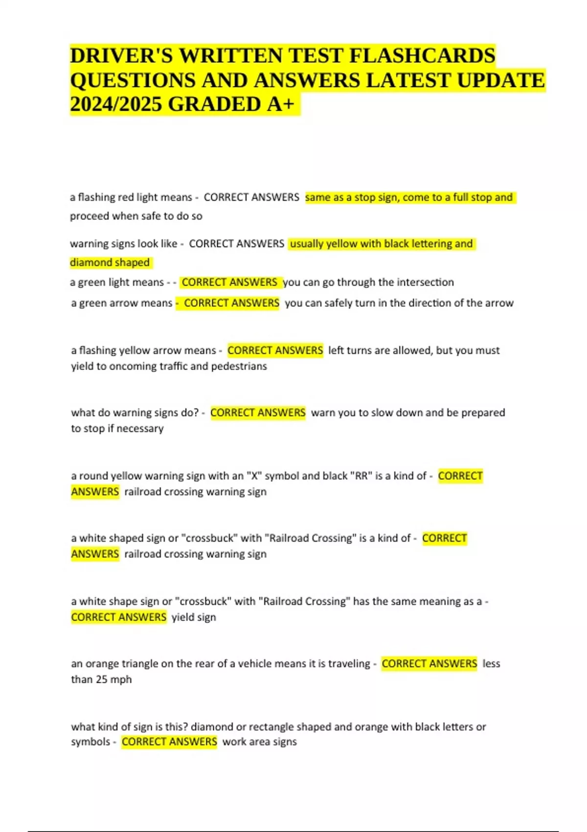 DRIVER'S WRITTEN TEST FLASHCARDS QUESTIONS AND ANSWERS LATEST UPDATE ...